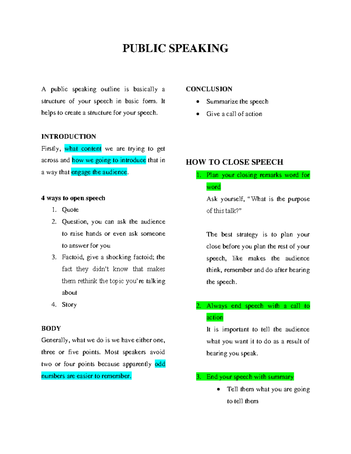 Public Speaking - PUBLIC SPEAKING A public speaking outline is ...