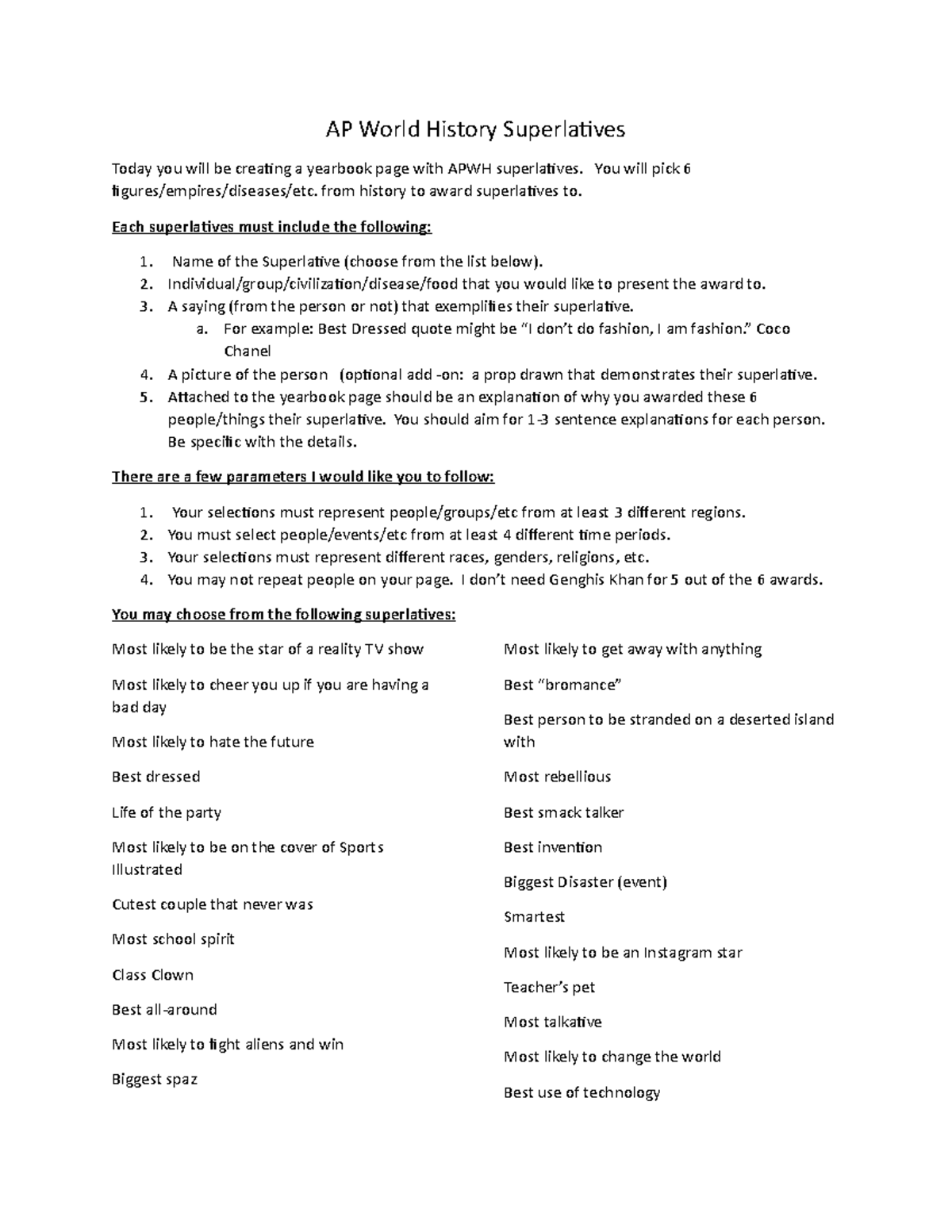 AP World History Superlatives - You will pick 6 figures/empires ...