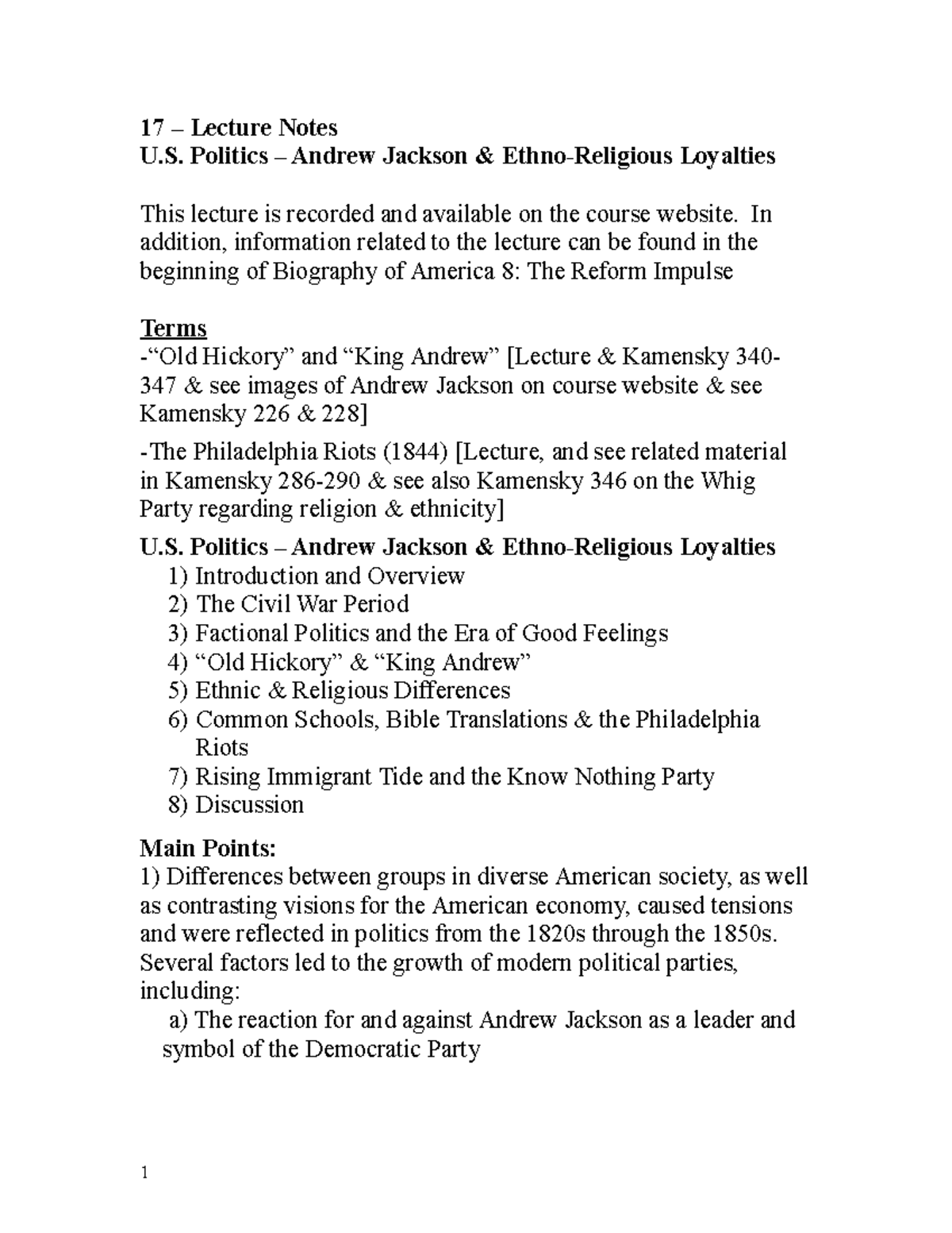 Lec Note - Andrew Jackson and Cultural Politics-His 170-2 - 17 ...