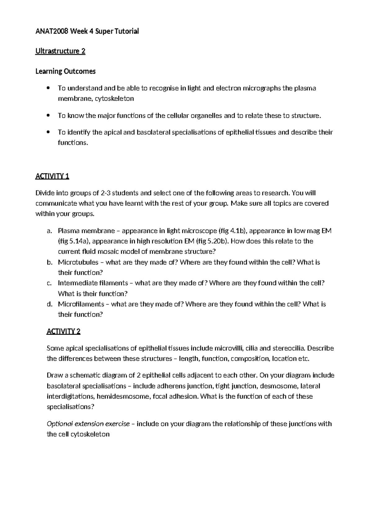 Ultrastructure Tutorial 2 ANAT2008 2024 - ANAT2008 Week 4 Super Tutorial Ultrastructure 2 ...