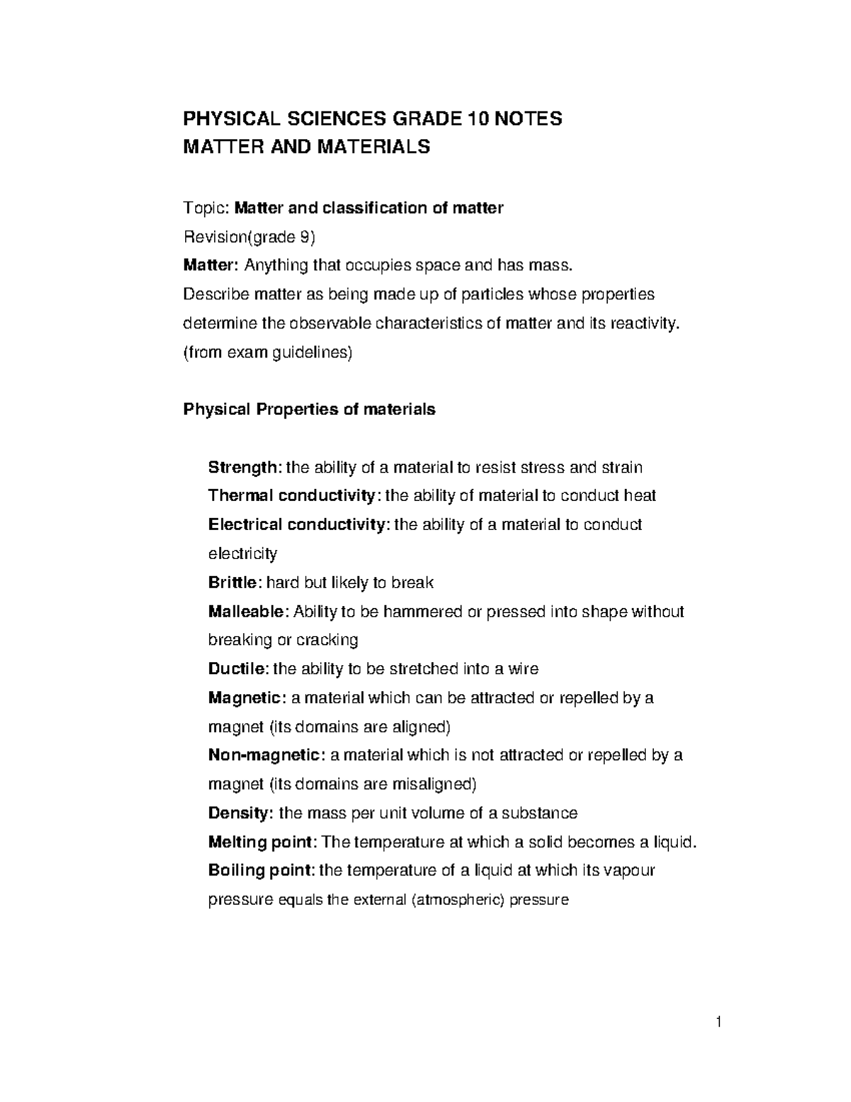 Physical Sciences Grade 10 Notes - PHYSICAL SCIENCES GRADE 10 NOTES ...