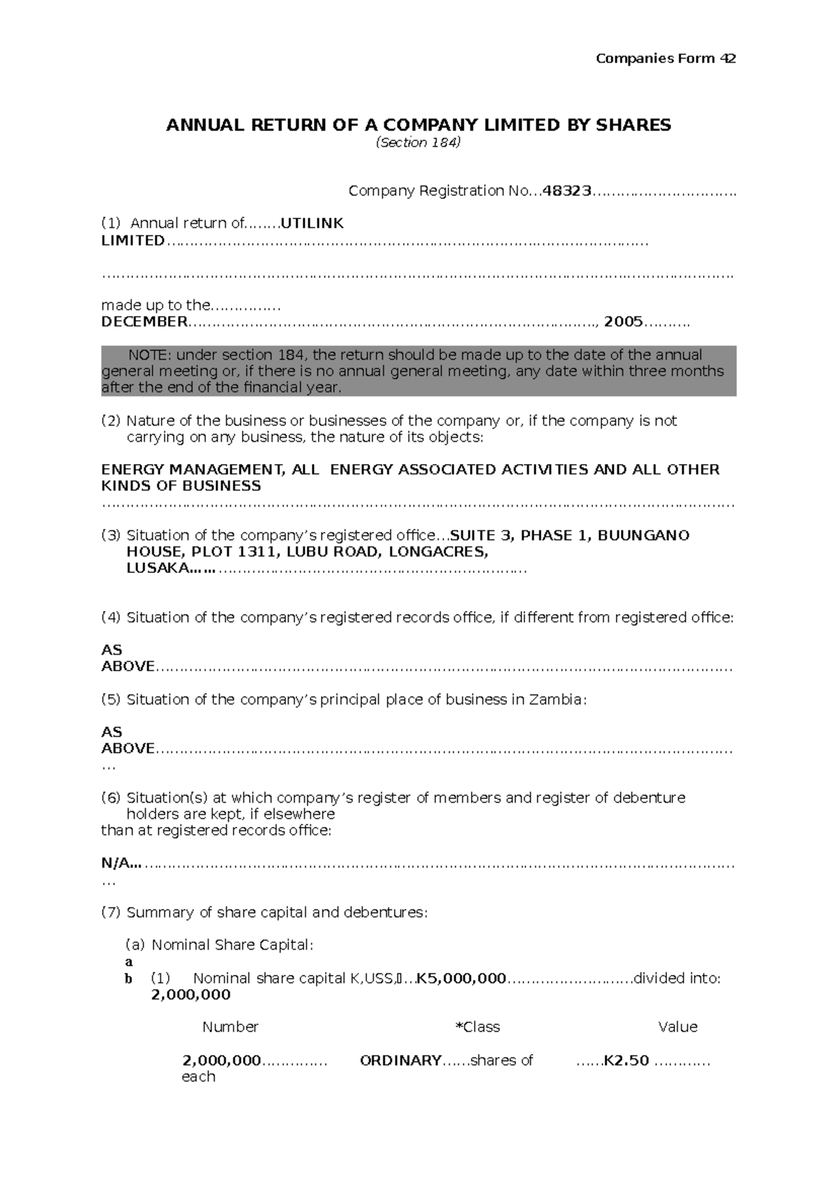 Annual Return Companies Form 42 - Companies Form 42 ANNUAL RETURN OF A ...