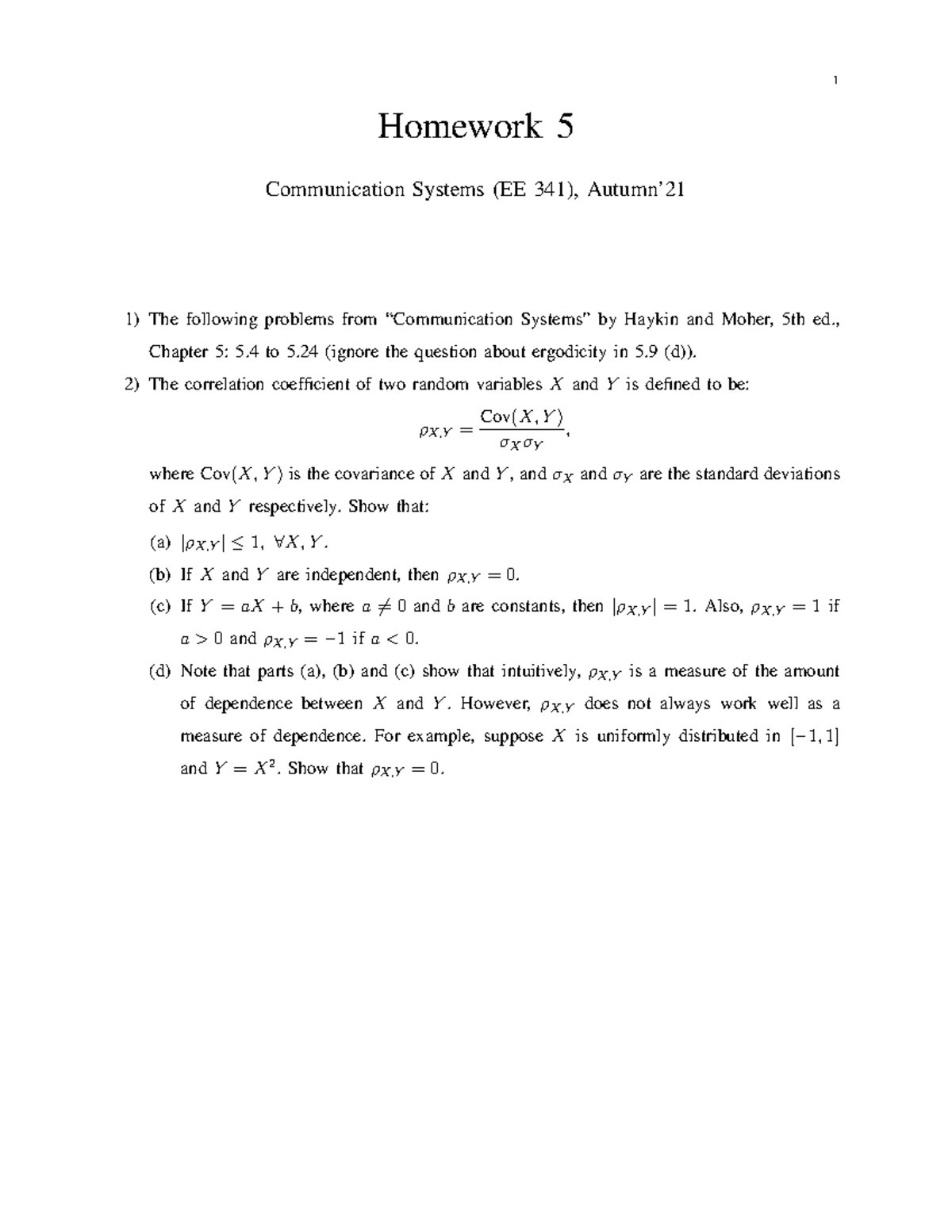 EE341 Practice Home work 5 - 1 Homework 5 Communication Systems (EE 341 ...