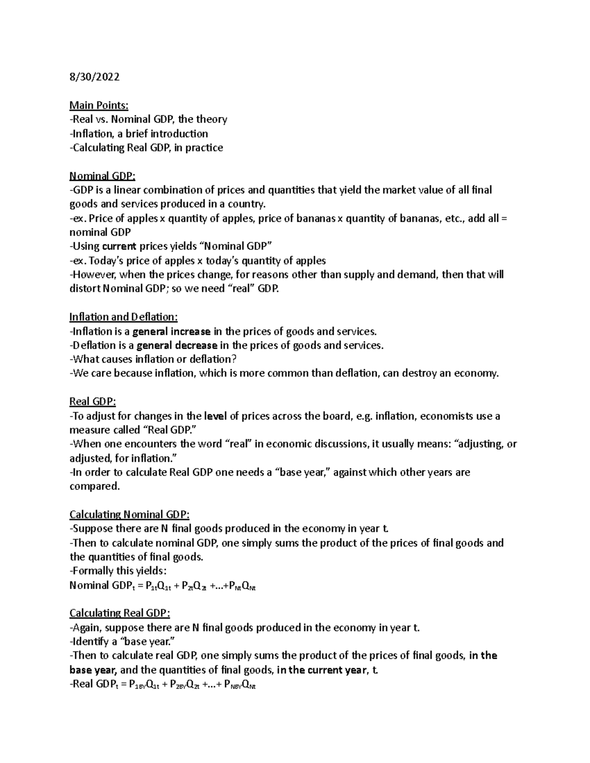 8:30 - class notes - 8/30/ Main Points: -Real vs. Nominal GDP, the ...