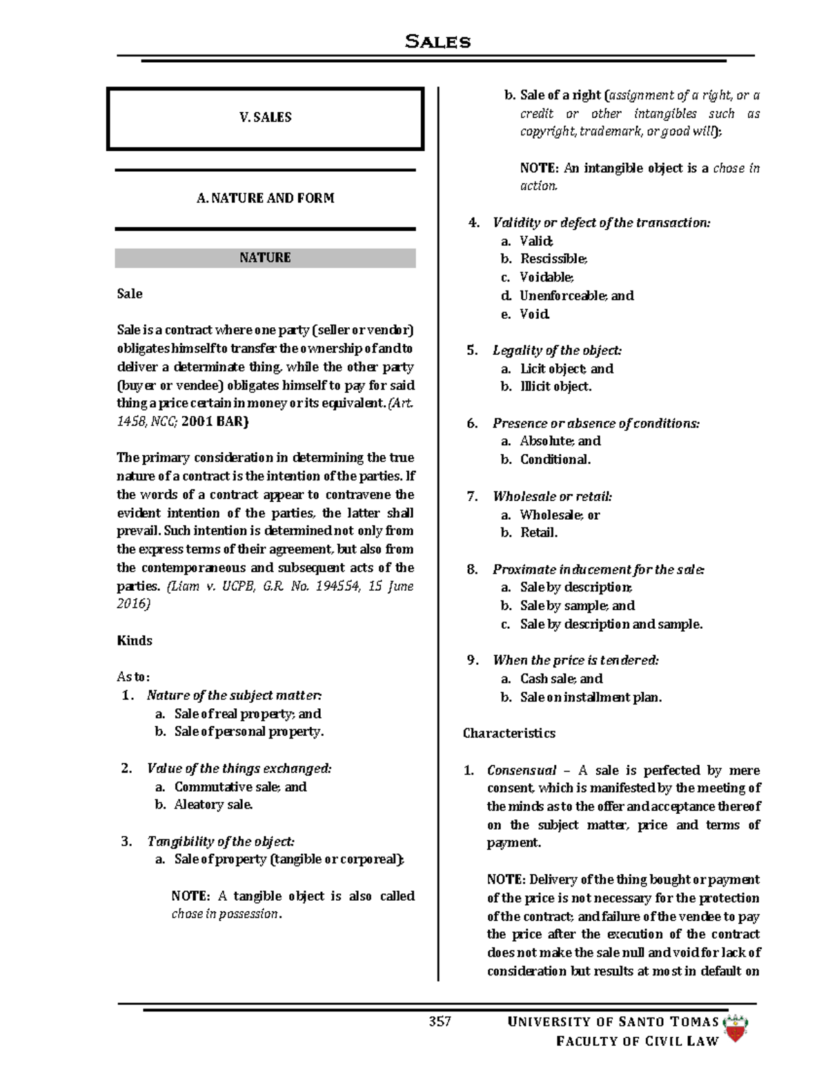 Sales - notes - Sales 357 UN I V E R S I T Y O F SA N T O TO M A S FA C ...