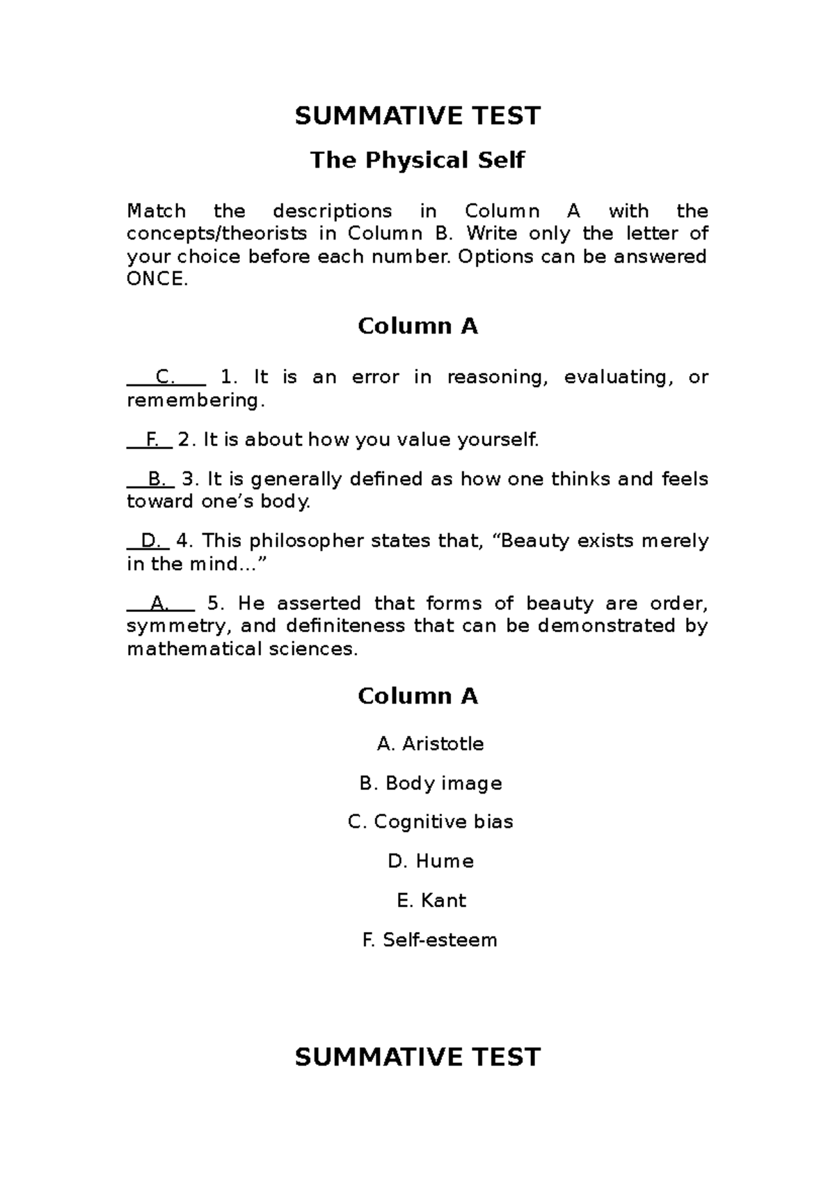 SOC SCI Chapter 2 Summative TEST - SUMMATIVE TEST The Physical Self ...