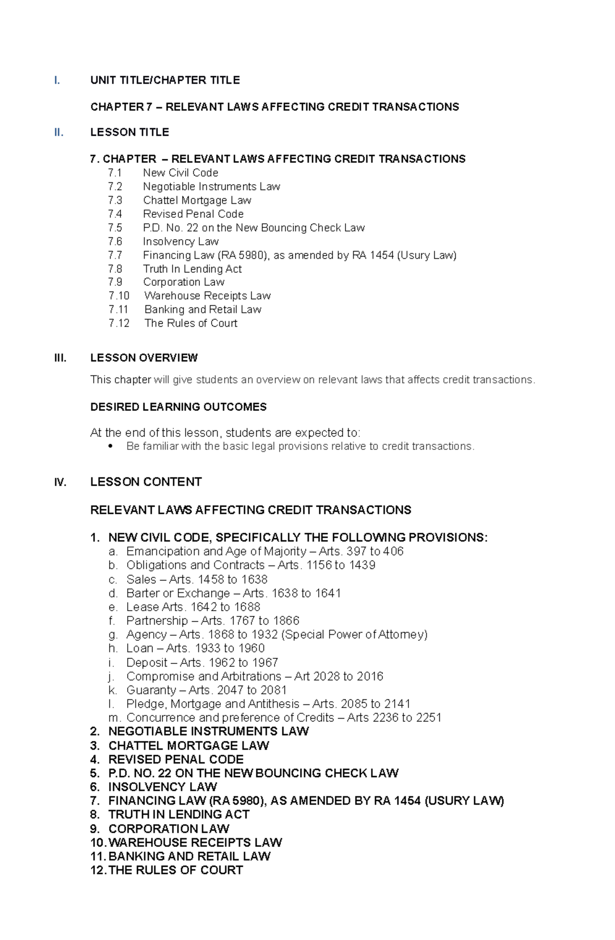 6 - PATHF - I. UNIT TITLE/CHAPTER TITLE CHAPTER 7 – RELEVANT LAWS ...