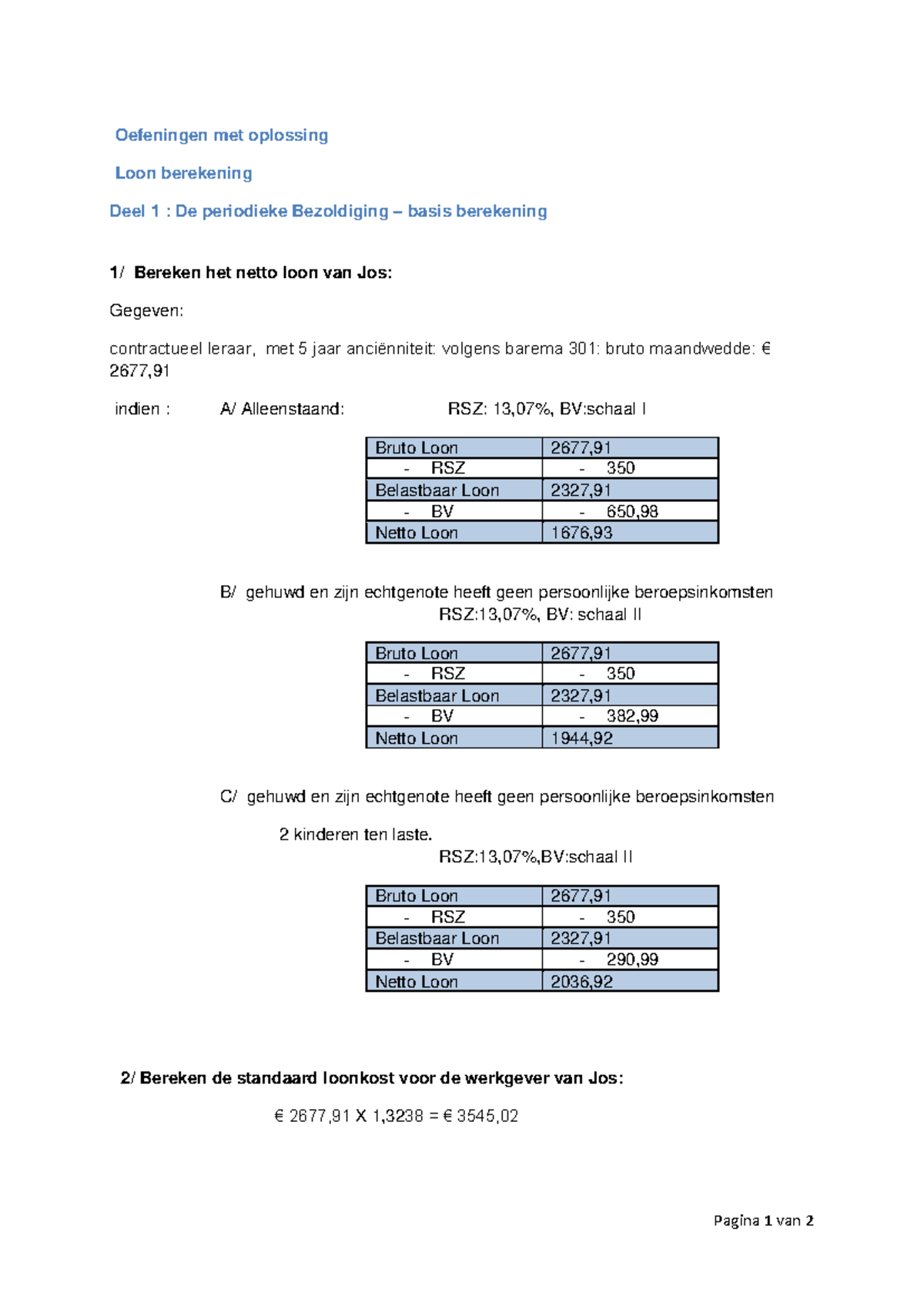 Cursus loonberekening periodieke lonen basis berekening - oefeningen ...