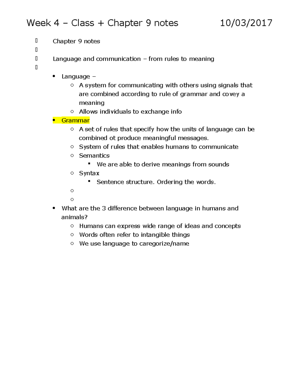 Week 4 - chapter 9 notes + class - Week 4 – Class + Chapter 9 notes 10 ...