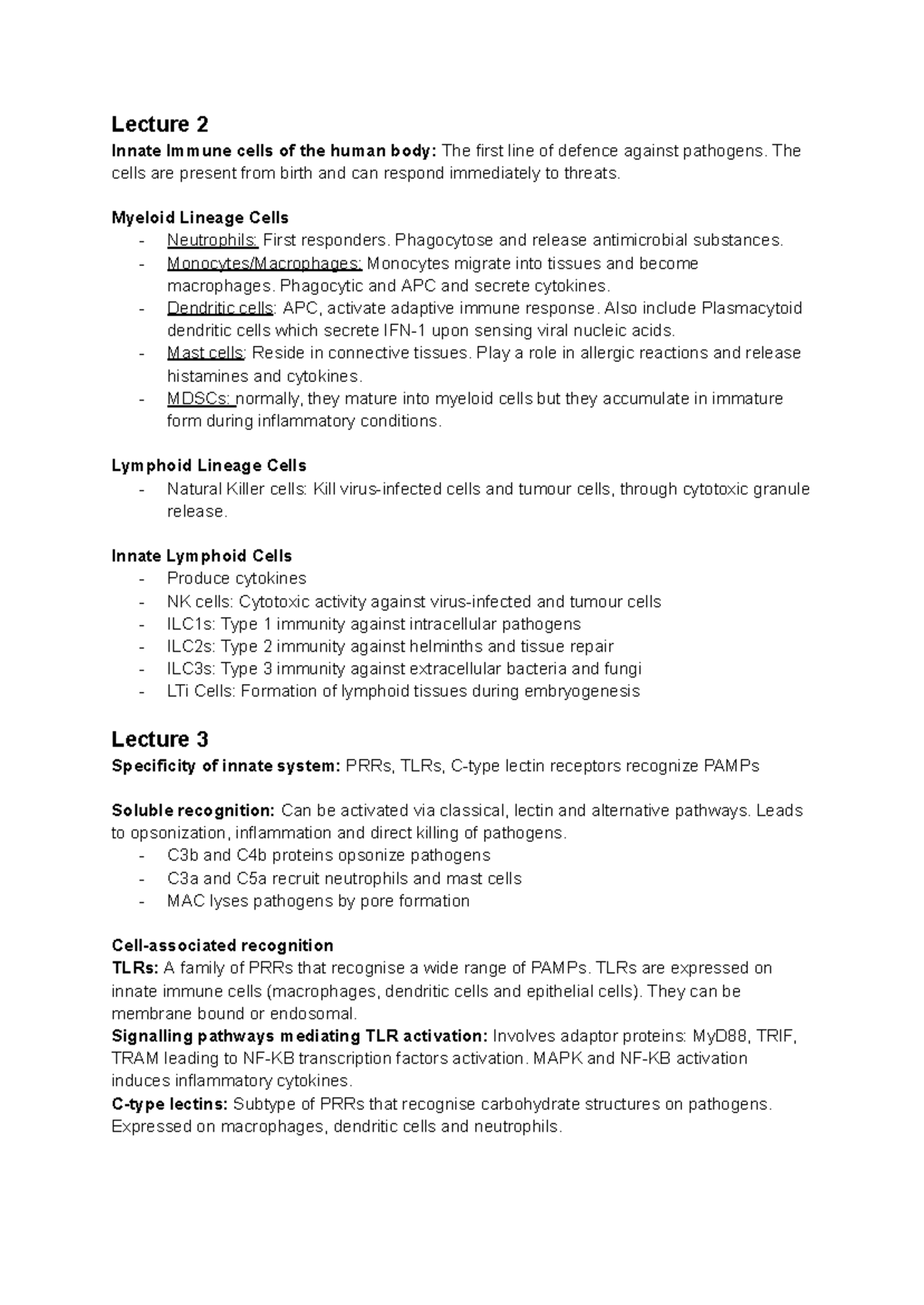 Lecs 2-3 - Notes for lecture 2-3 - Lecture 2 Innate Immune cells of the ...