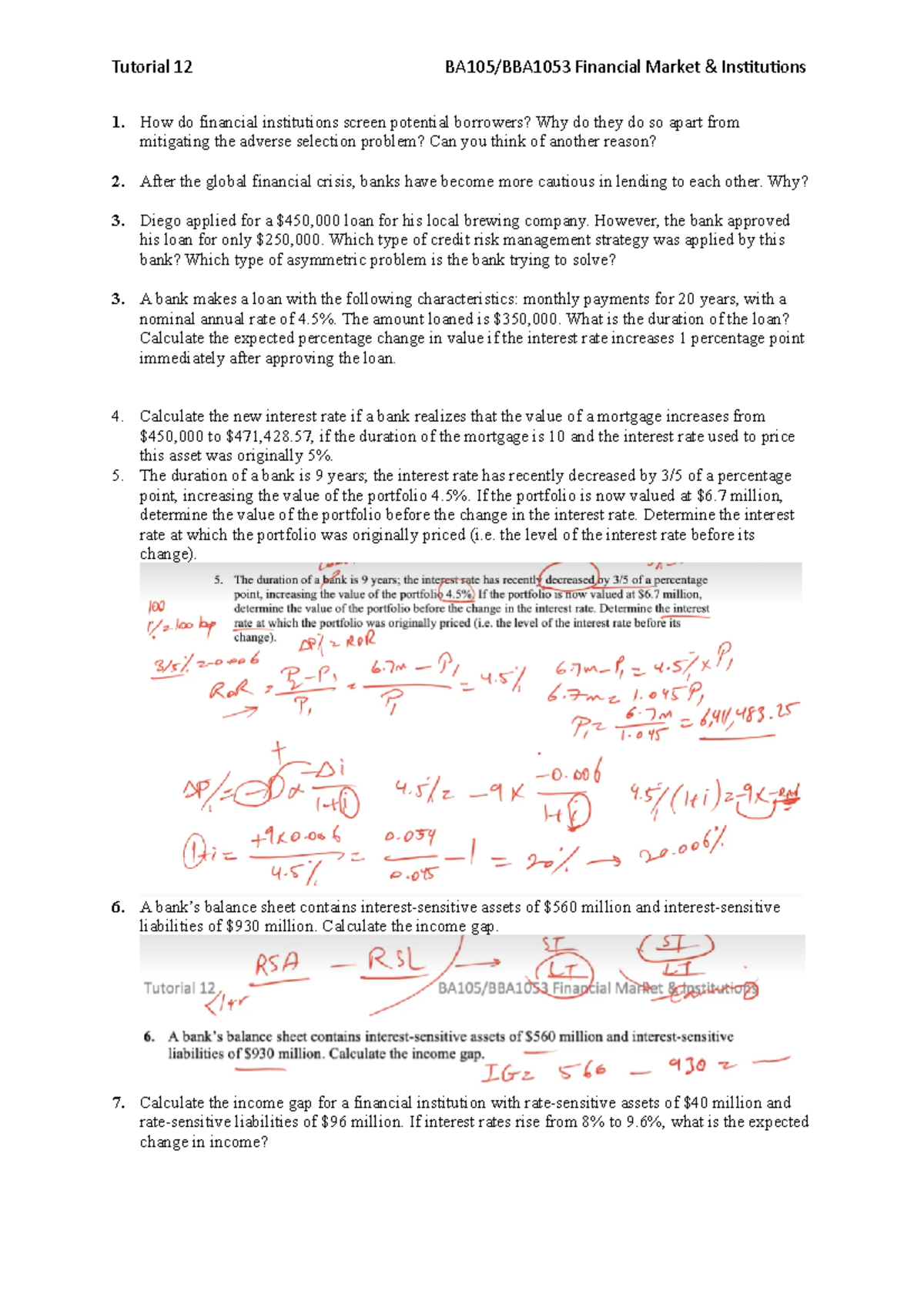 Financial market and institutions Tutor 12 - Tutorial 12 BA105/BBA1053 ...