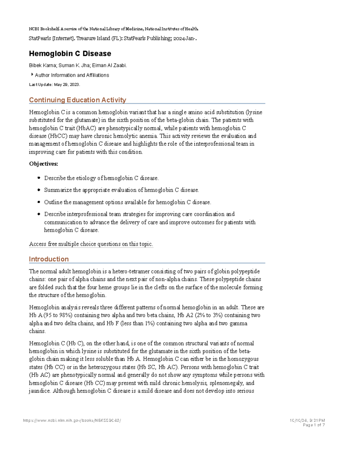 Hemoglobin C Disease Stat Pearls NCBI Bookshelf - NCBI Bookshelf. A ...