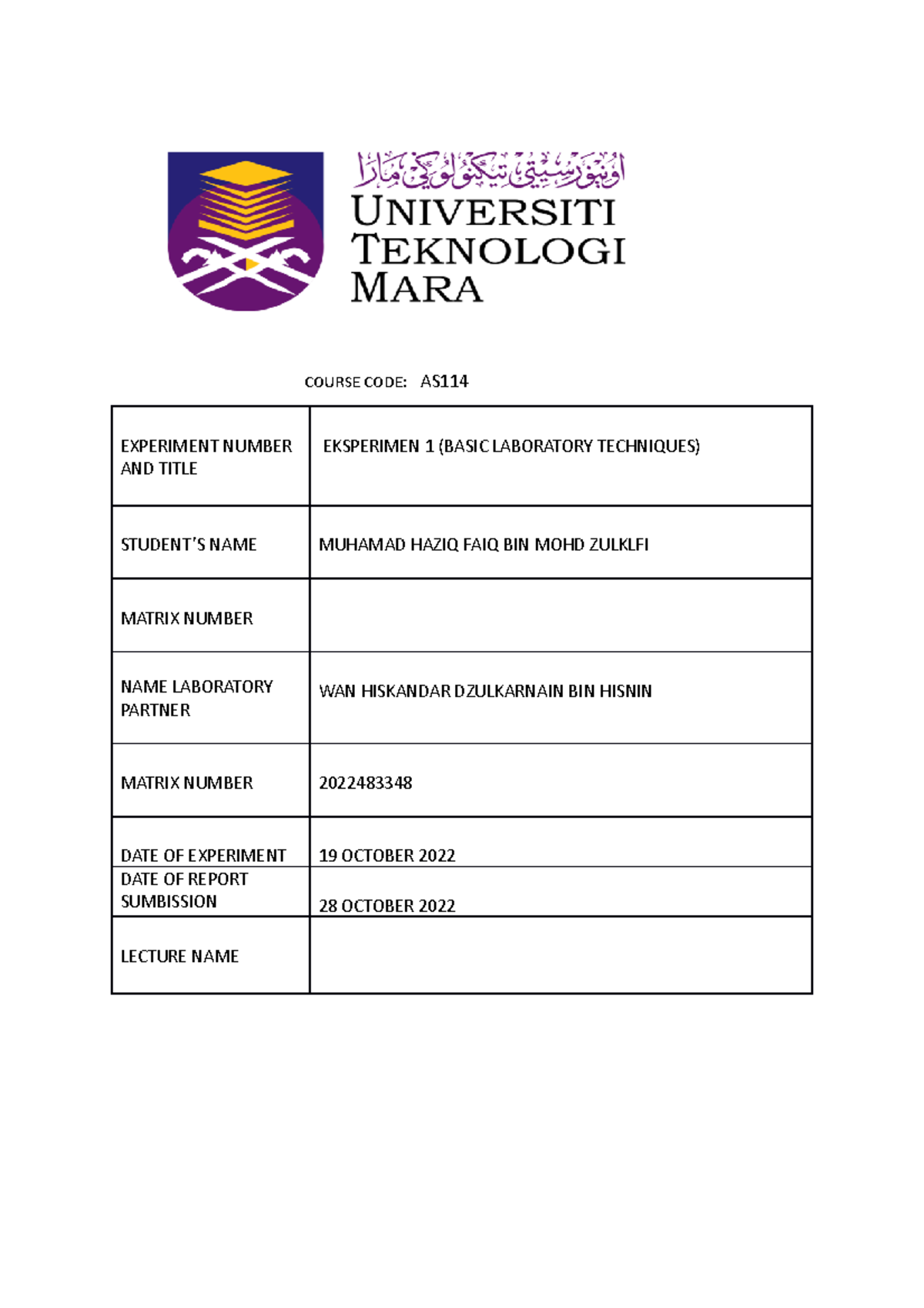 Lab report 1 - COURSE CODE: AS EXPERIMENT NUMBER AND TITLE EKSPERIMEN 1 ...