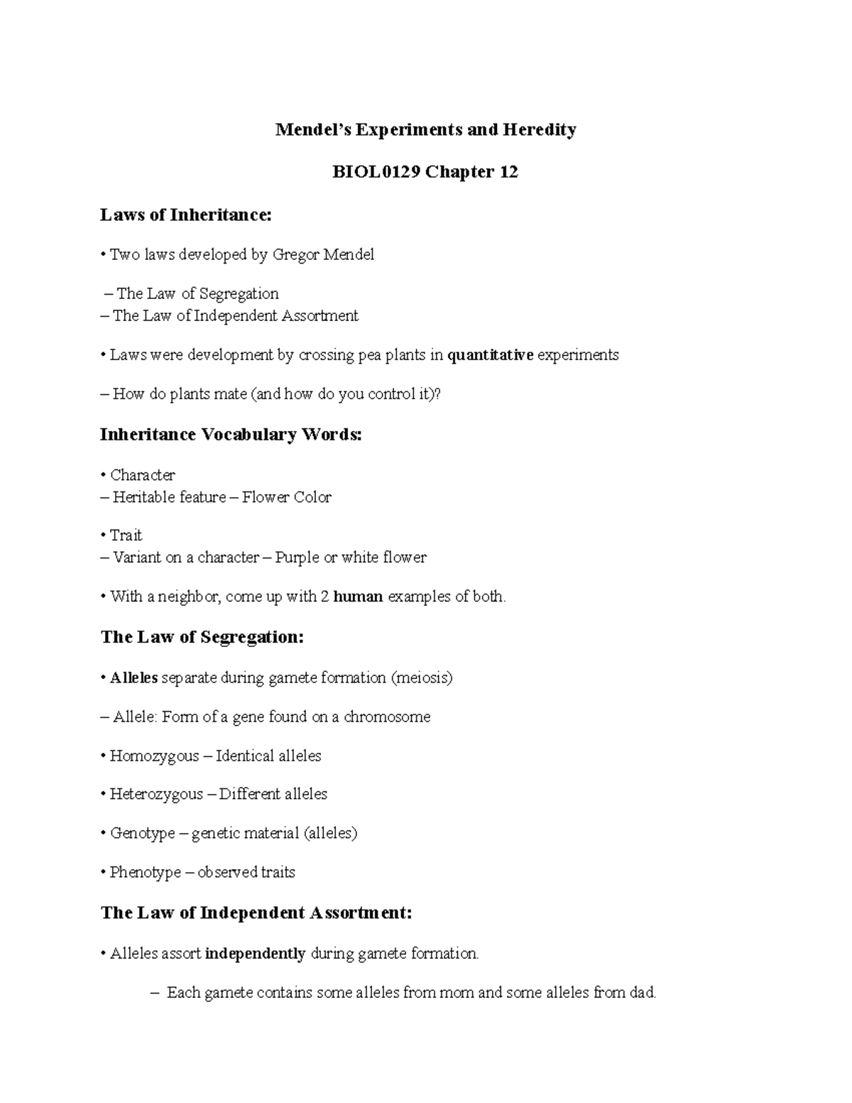 Bio Notes - Heredity - Mendel’s Experiments and Heredity BIOL0129 ...
