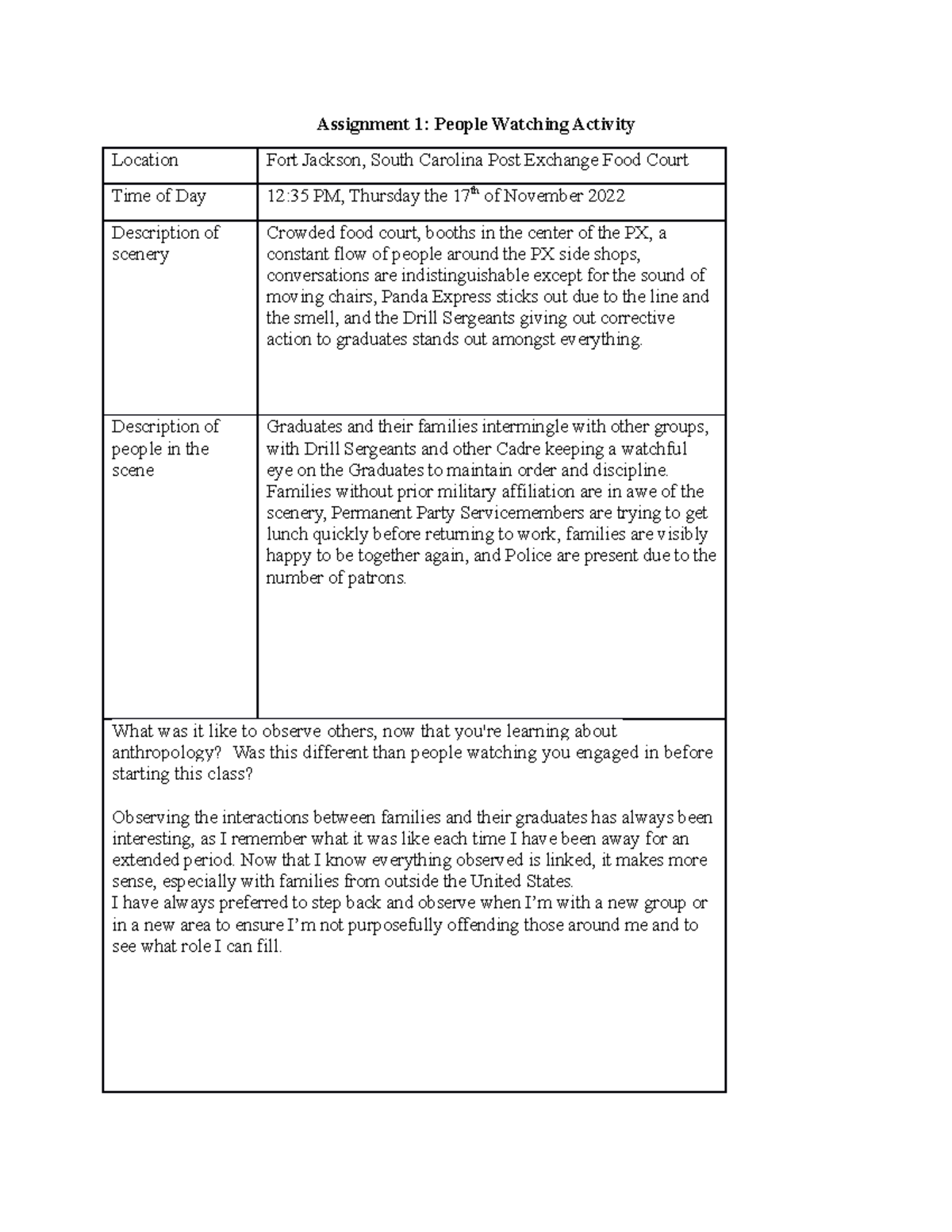 ANTH100 Assignment 1 worksheet - Assignment 1: People Watching Activity ...