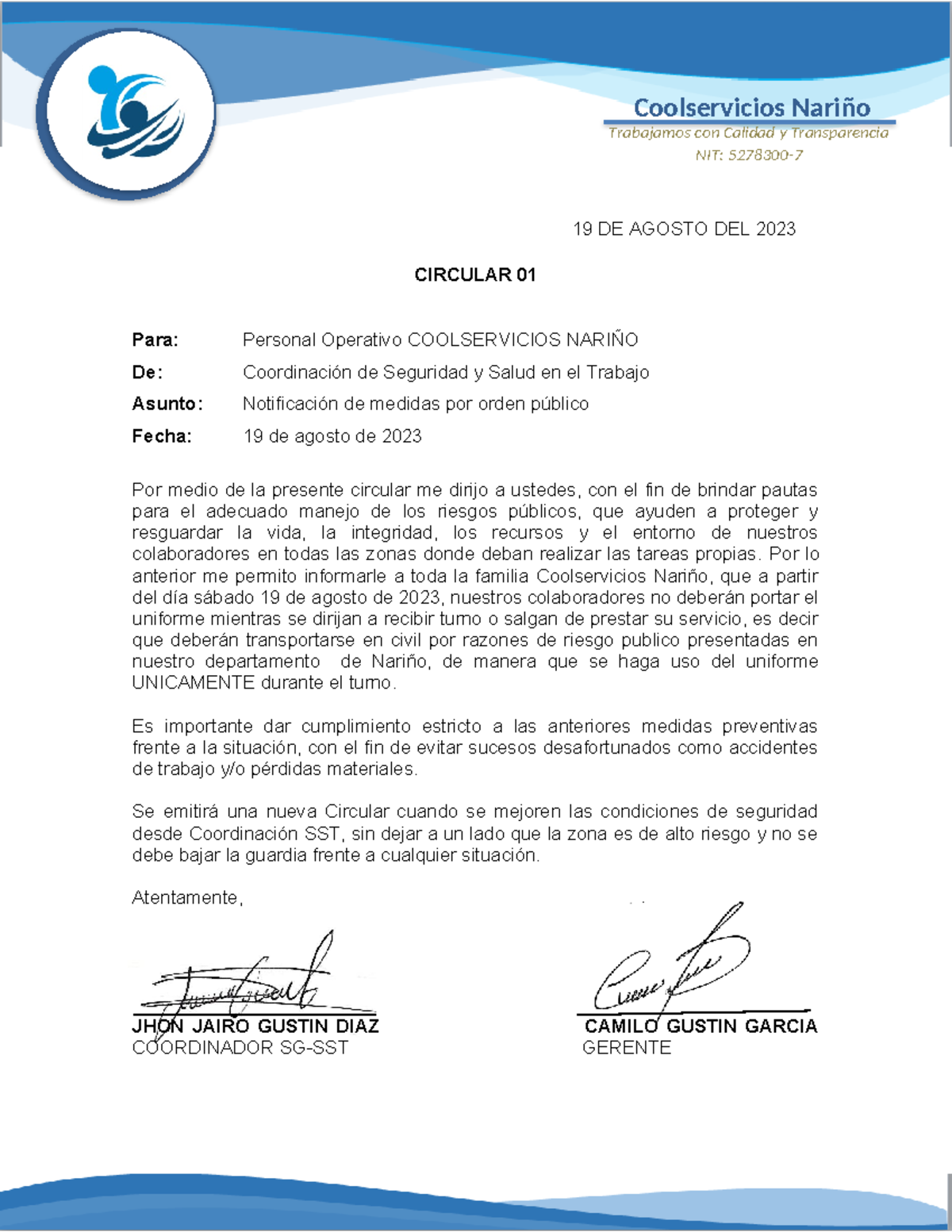 Circular 2 SG-SST - sdsdsd - 19 DE AGOSTO DEL 2023 CIRCULAR 01 Para ...