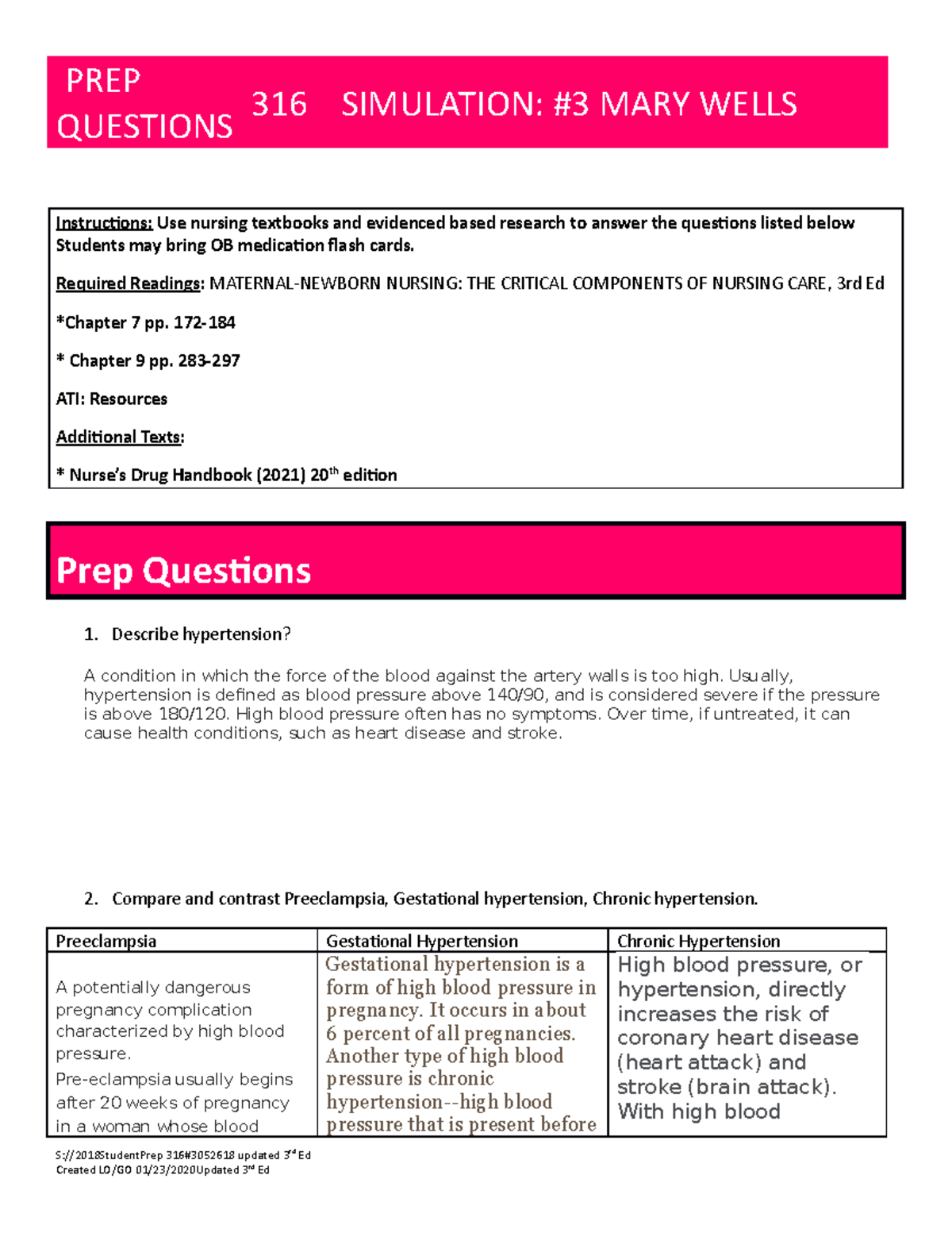 316 Sim Prep Mary Wells - QUESTIONS 316 SIMULATION: #3 MARY WELLS Instructions: Use nursing ...