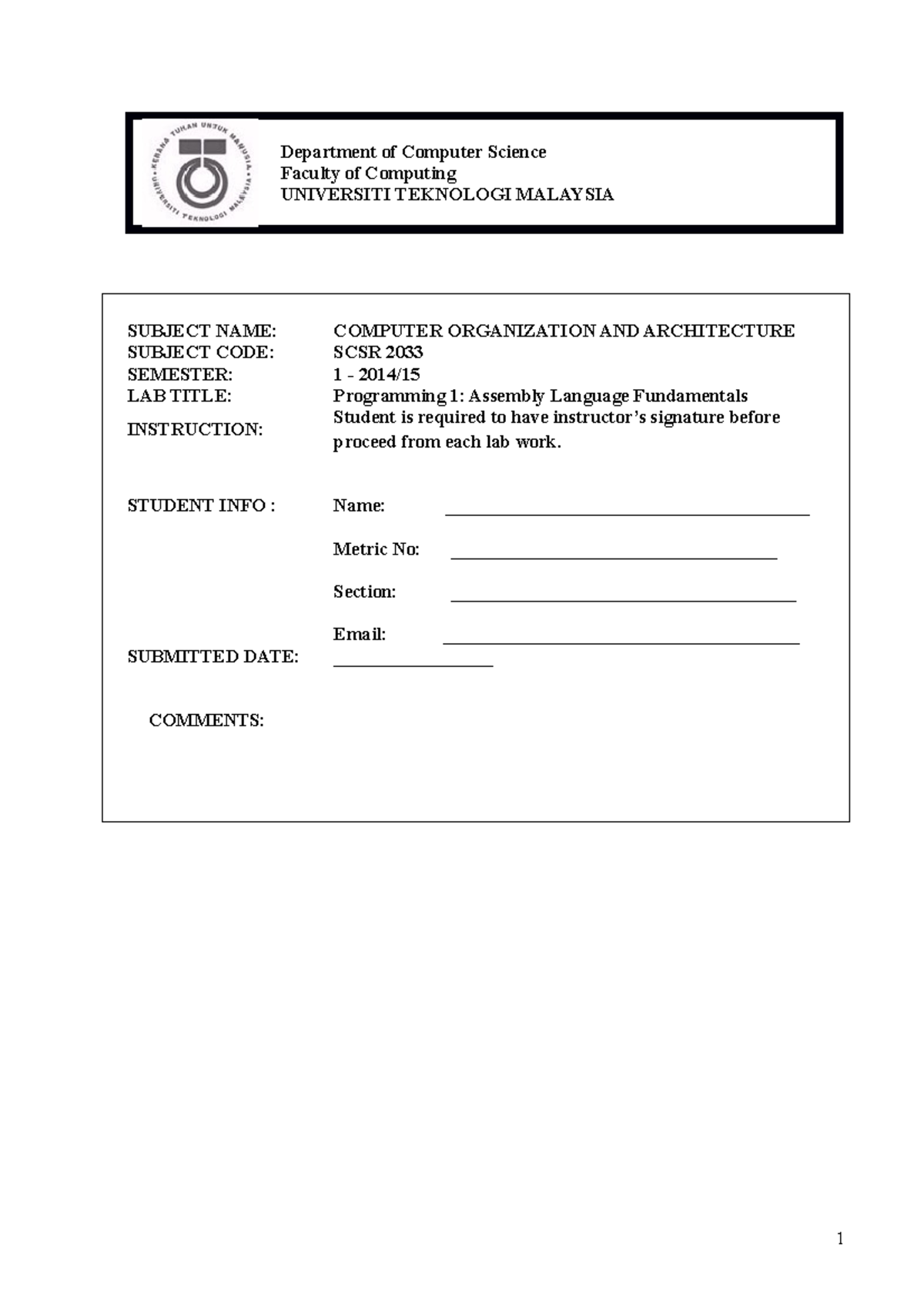 Lab 1 Assembly - Student is required to have instructor’s signature ...