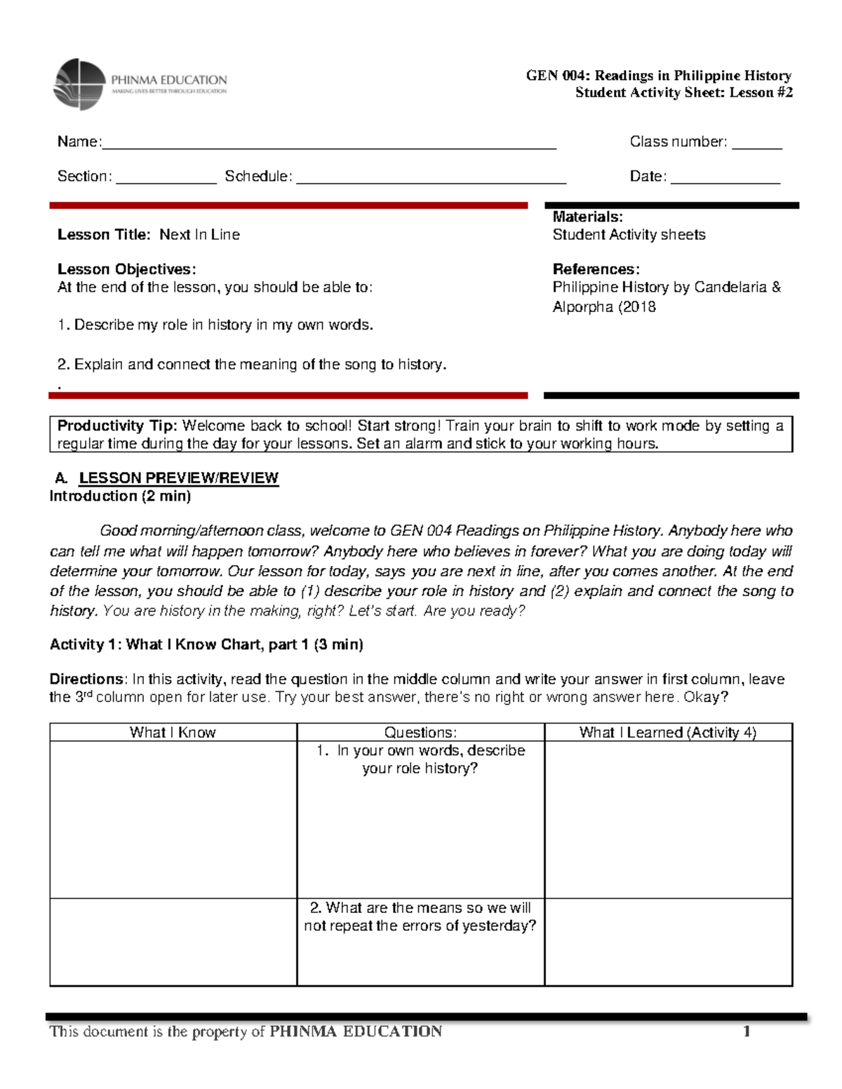 Copy of SAS# 2- GEN 004 - N/A - Student Activity Sheet: Lesson # - Studocu