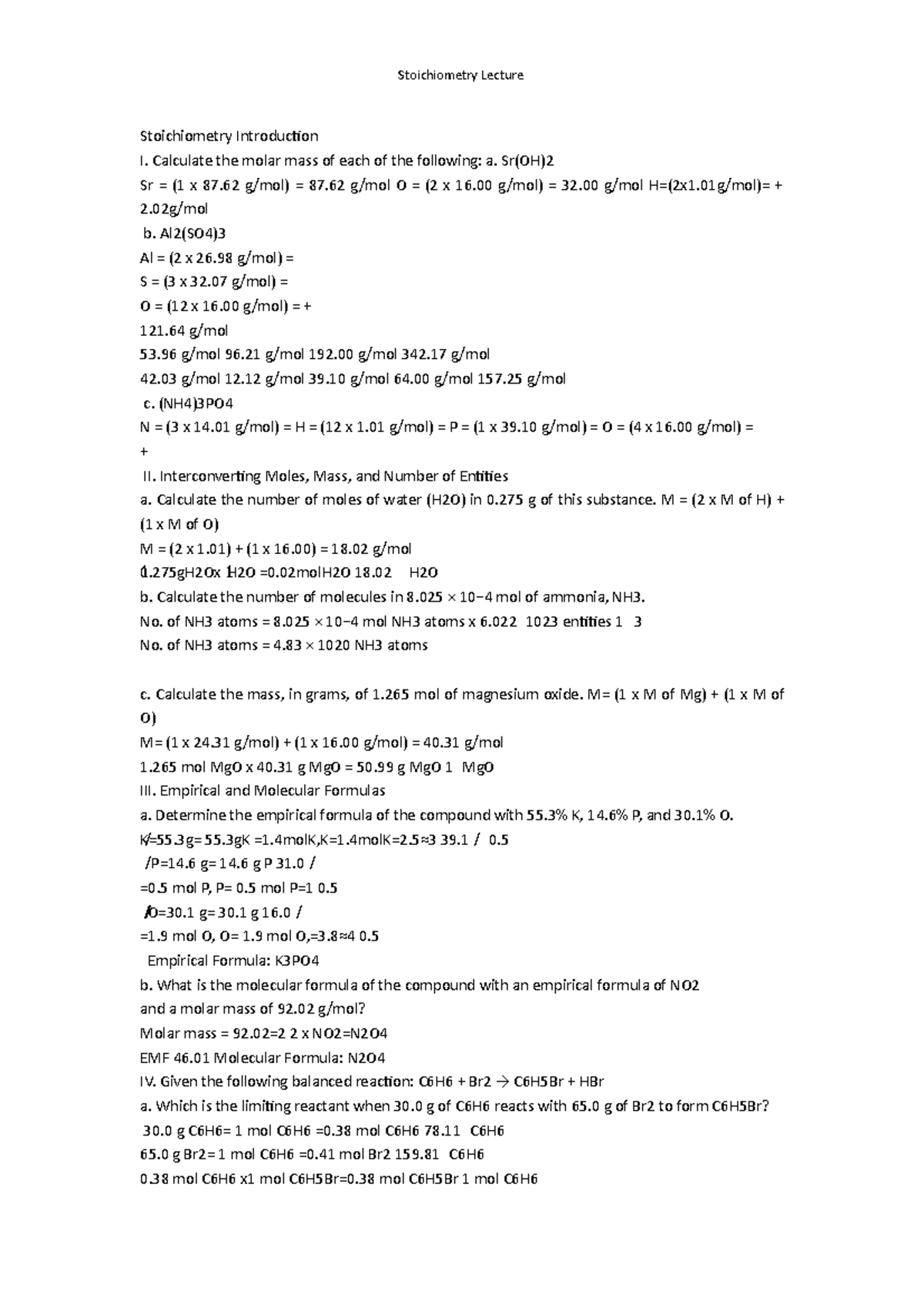 Stoichiometry Lecture Notes - Stoichiometry Lecture Stoichiometry ...