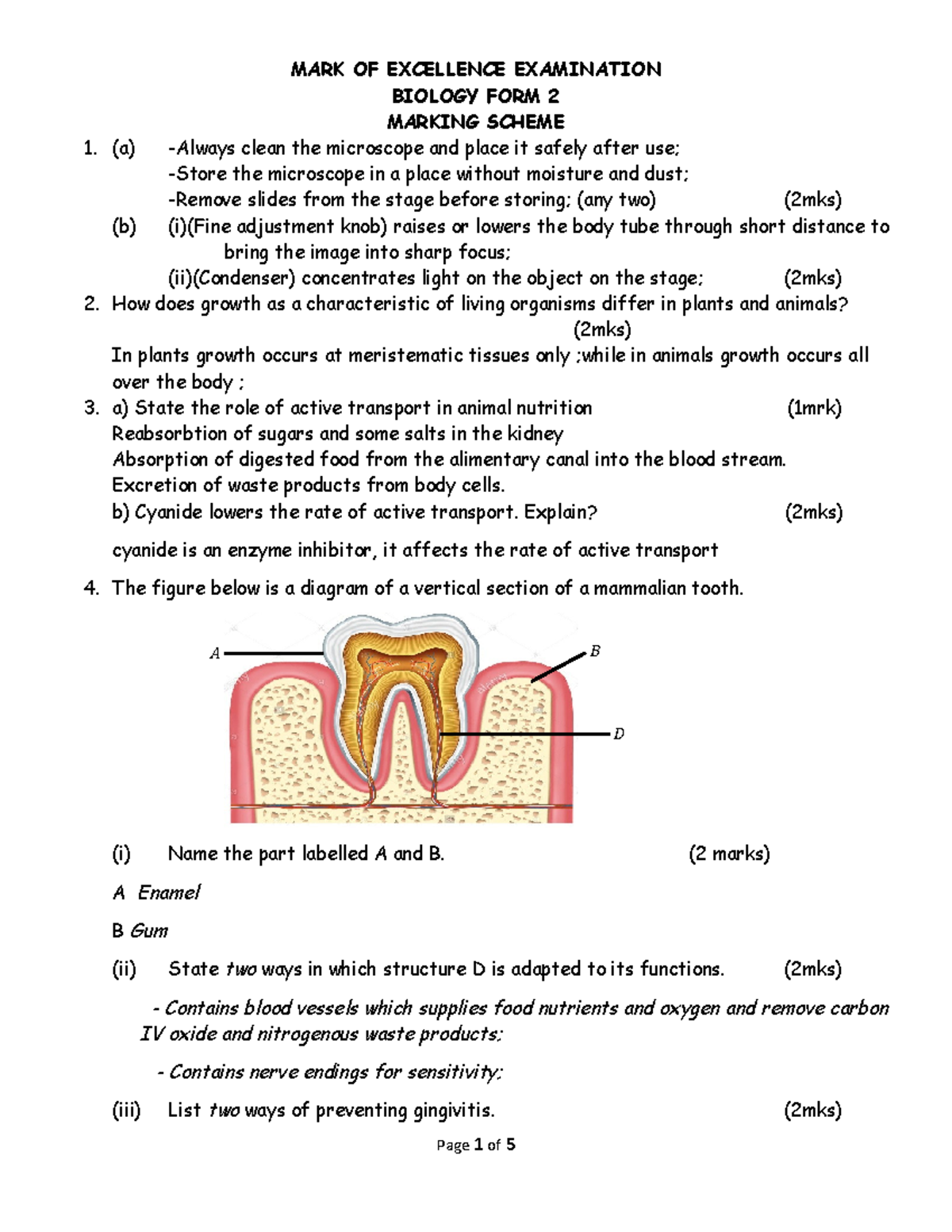 Biology F2 MS - MARK OF EXCELLENCE EXAMINATION BIOLOGY FORM 2 MARKING ...