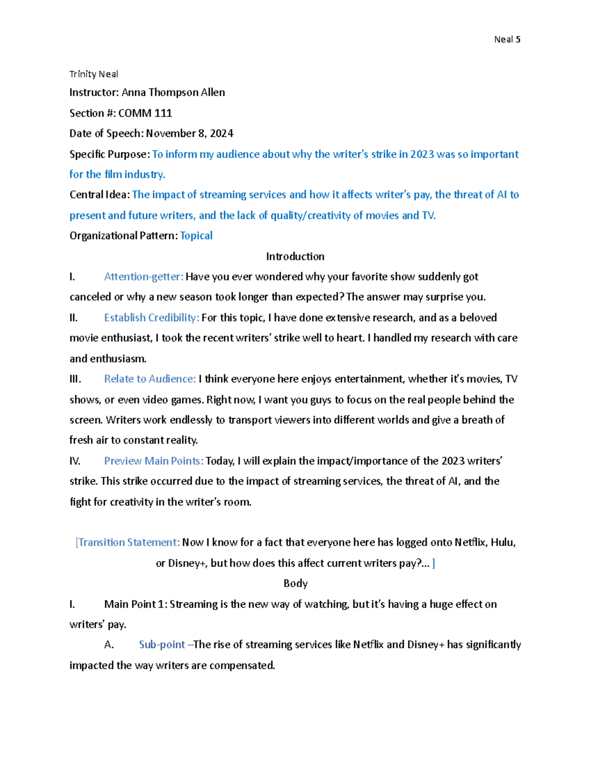 Informative Outline - Trinity Neal Instructor: Anna Thompson Allen Sec ...