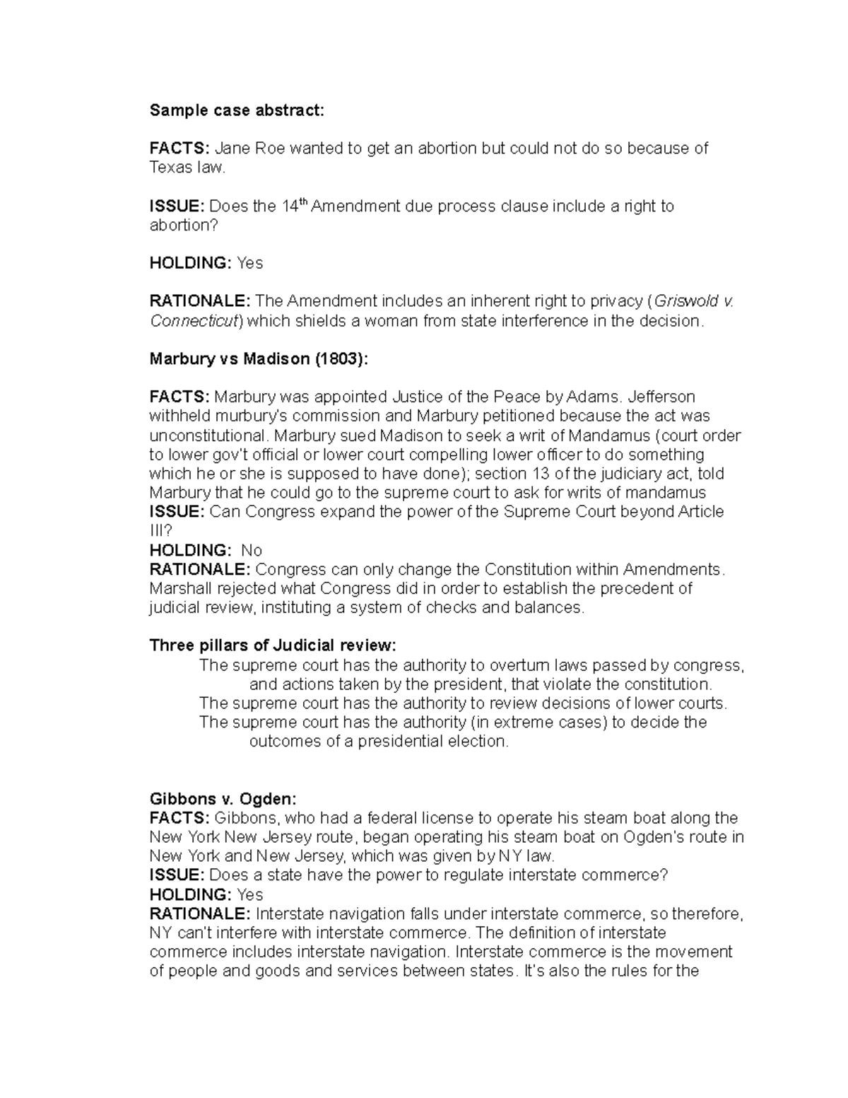 JLS abstracts - Sample case abstract: FACTS: Jane Roe wanted to get an ...