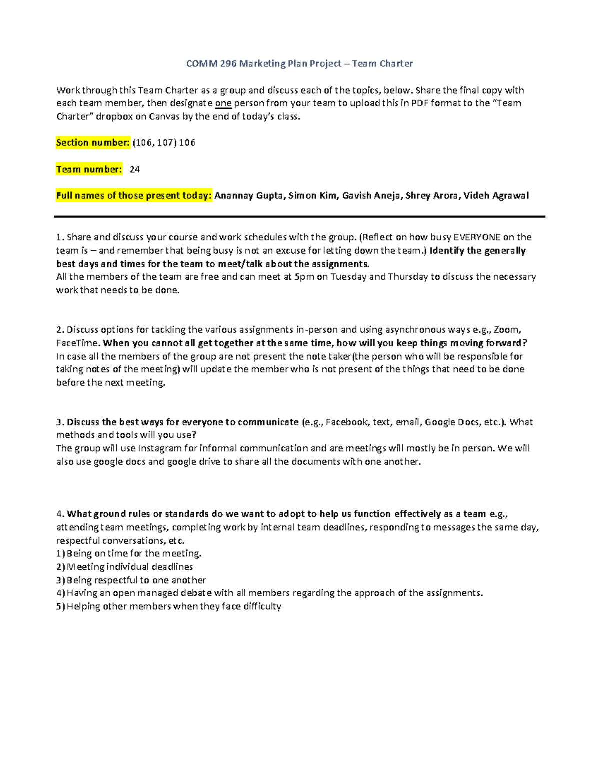 C296 Sec 106 107 - Team Charter - 2021ocx - COMM 296 Marketing Plan ...