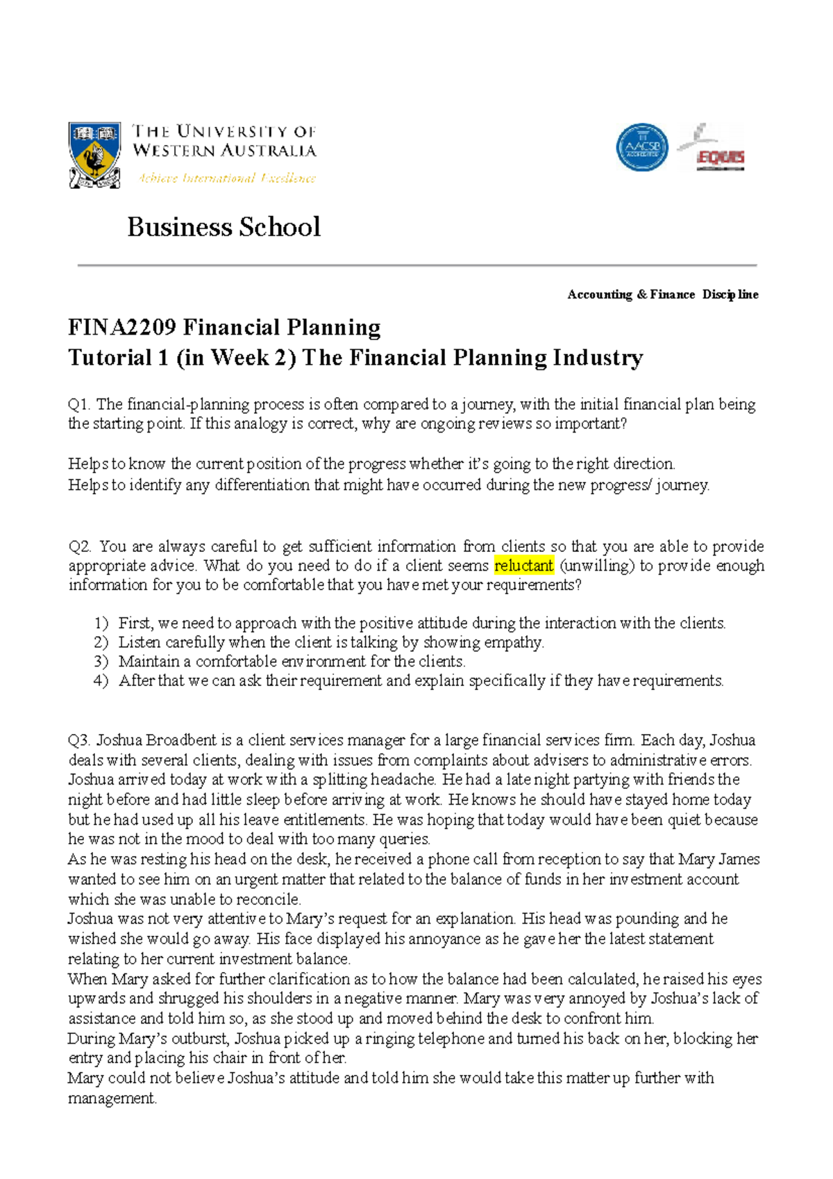 Tutorial 1 - Business School Accounting & Finance Discipline FINA2209 ...