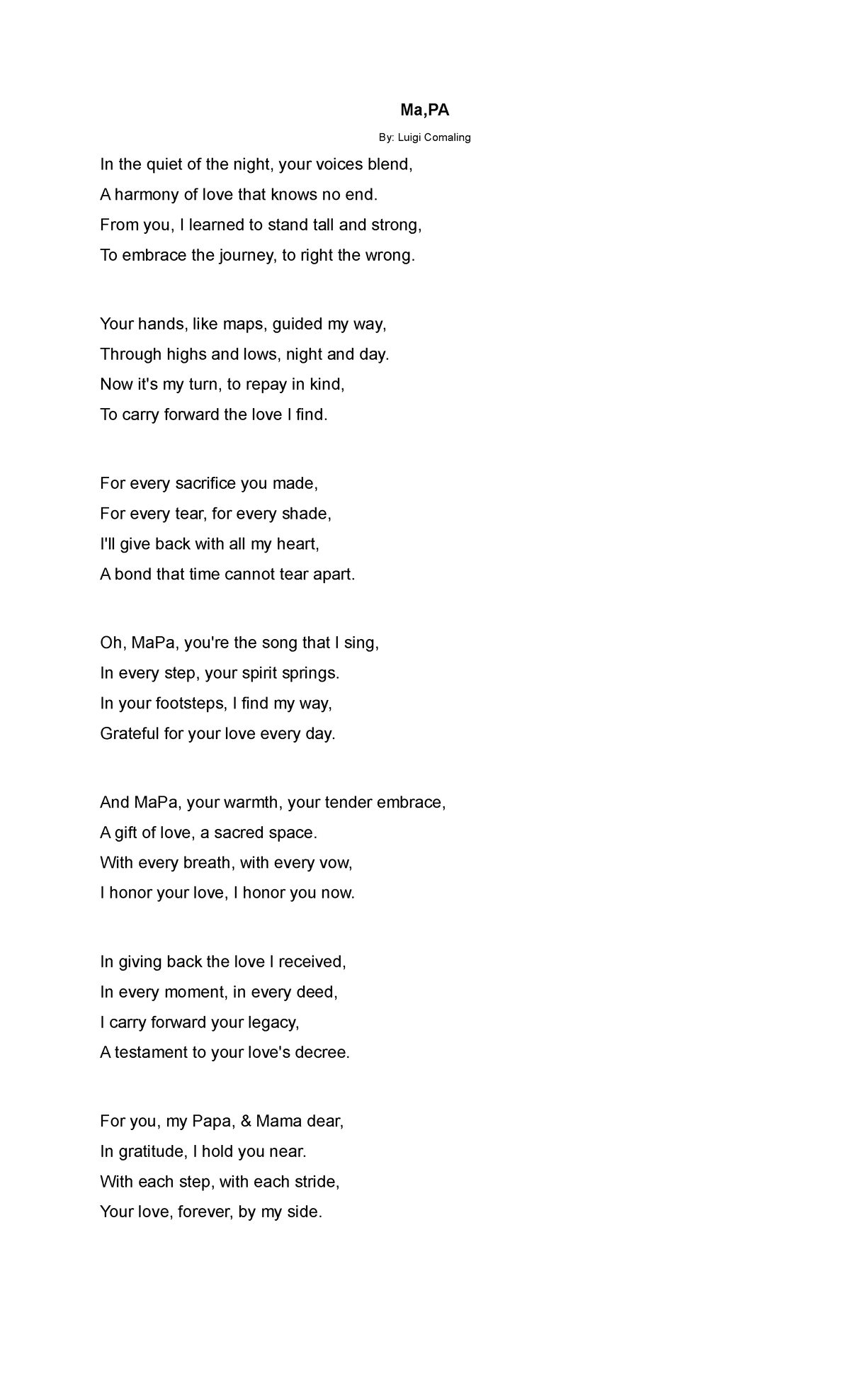 Poem ni Luigi - Notes - Ma,PA By: Luigi Comaling In the quiet of the ...