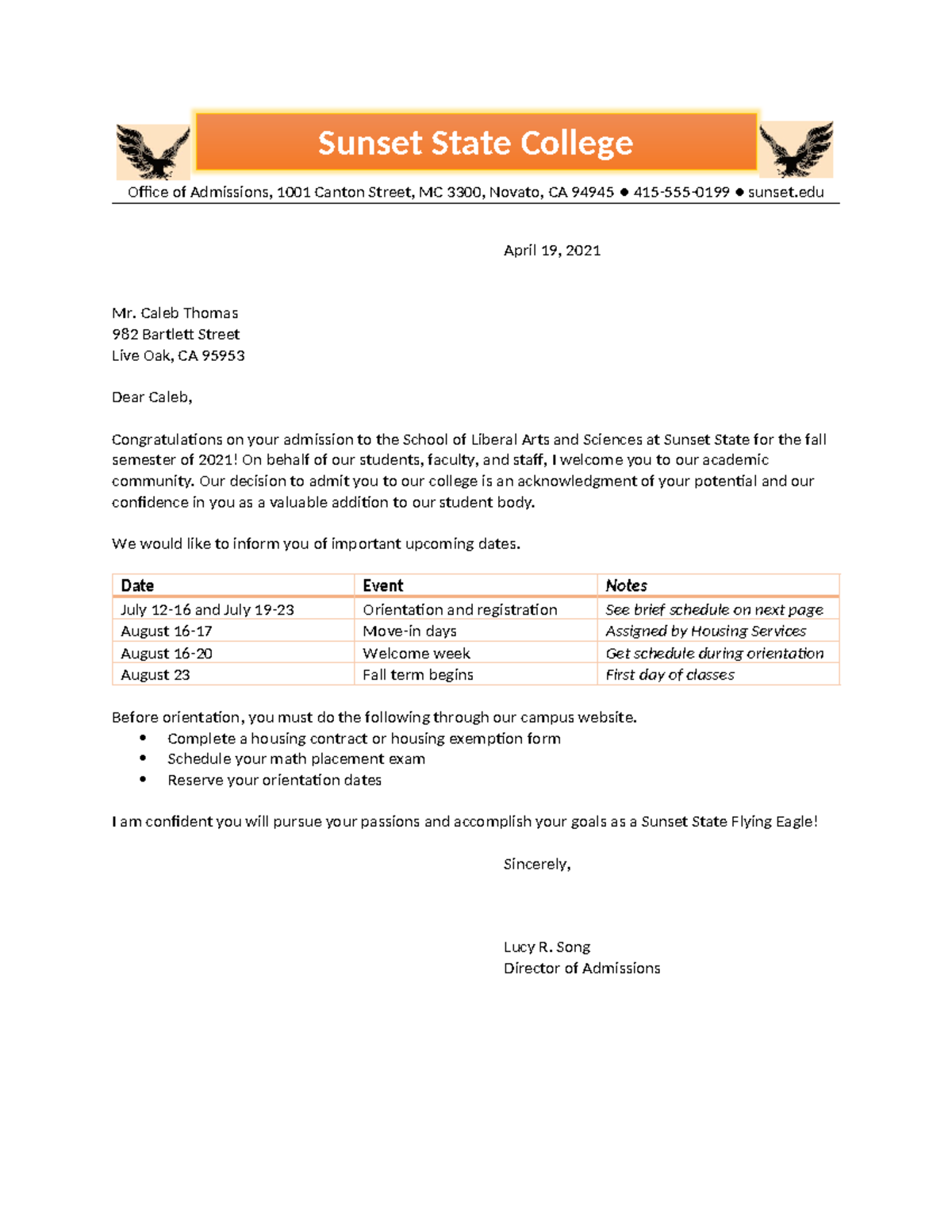 SC WD 3 Thomas Welcome Letter - Office of Admissions, 1001 Canton ...
