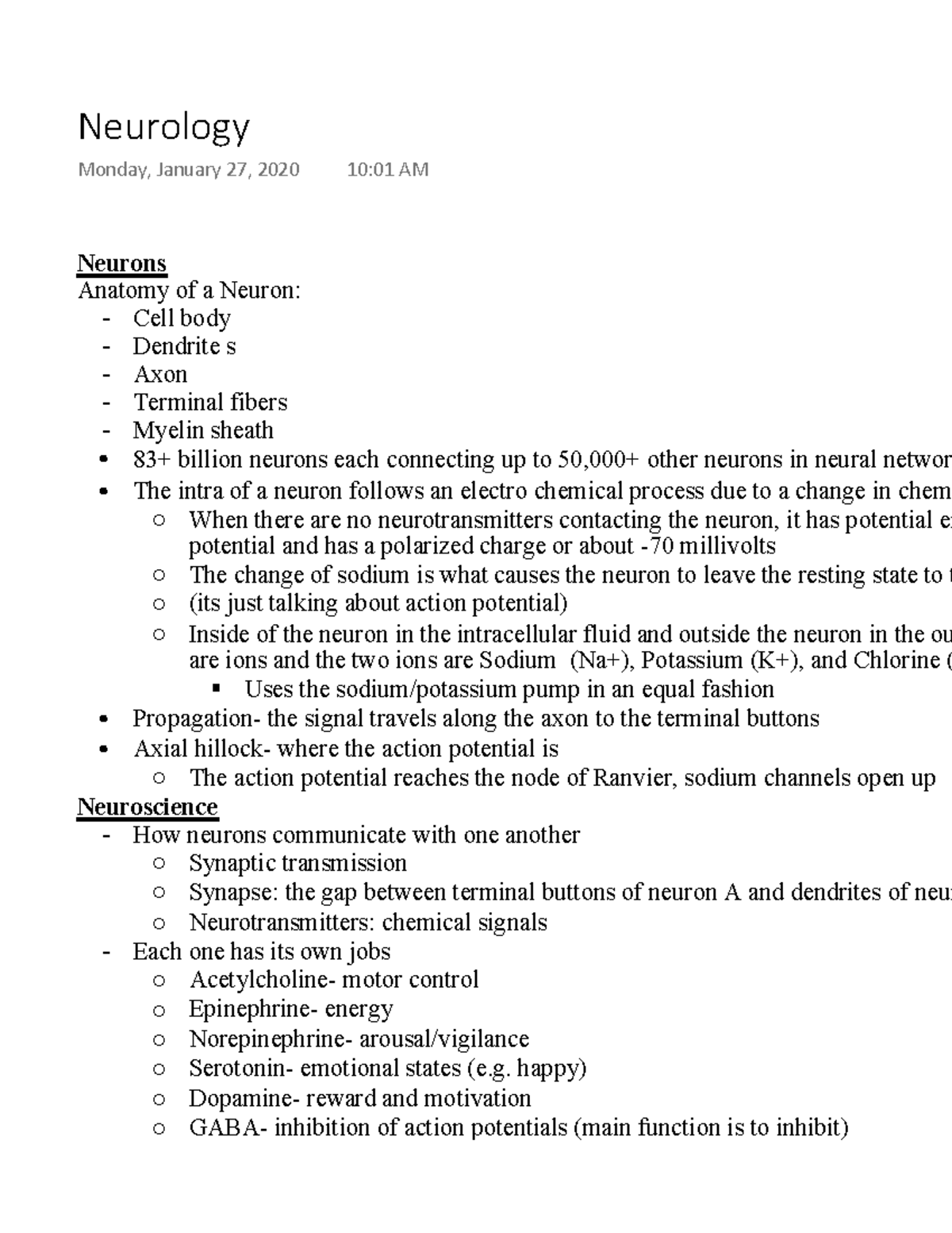 Psychology Lecture 5 - Warning: TT: undefined function: 32 Neurons Anatomy of a Neuron: - Cell ...