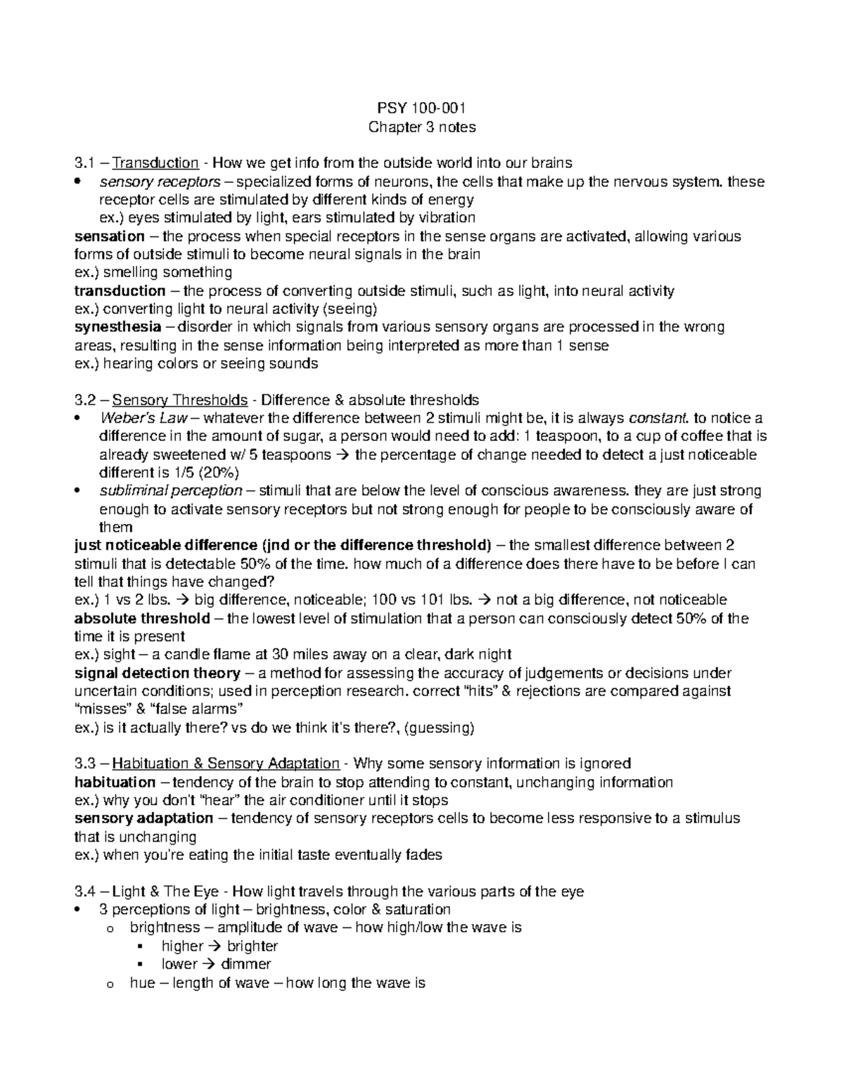 PSY ch 3 notes - Summary Introduction to Psychology - PSY 100- Chapter ...