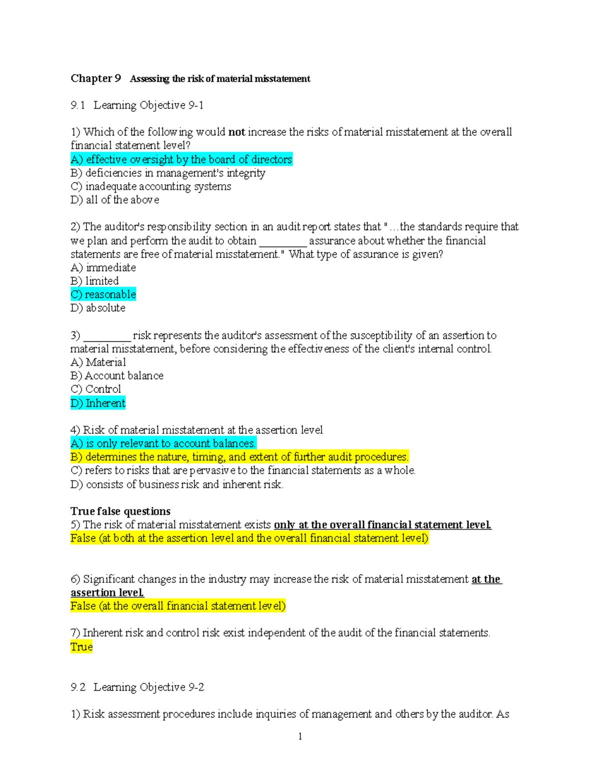 Chapter 09 Questions Answers Chapter 9 Assessing The Risk Of