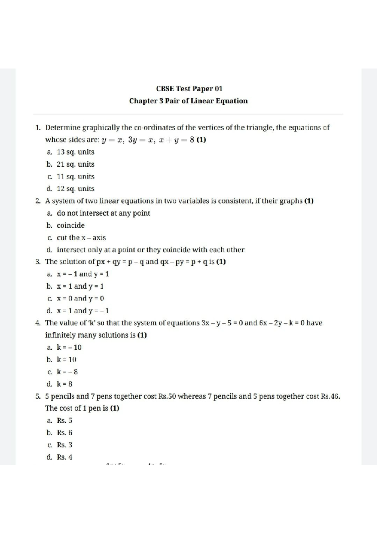 chapter 3 pair of linear equations practice questions - Discrete maths ...