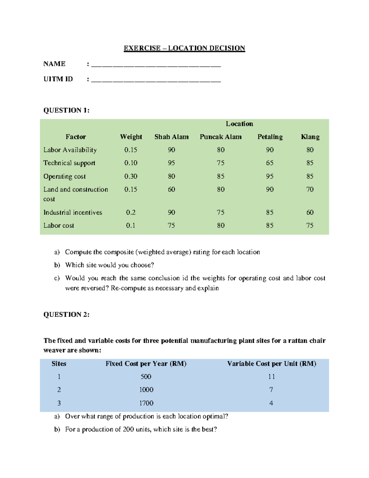 Exercise location - excercise - EXERCISE – LOCATION DECISION NAME ...