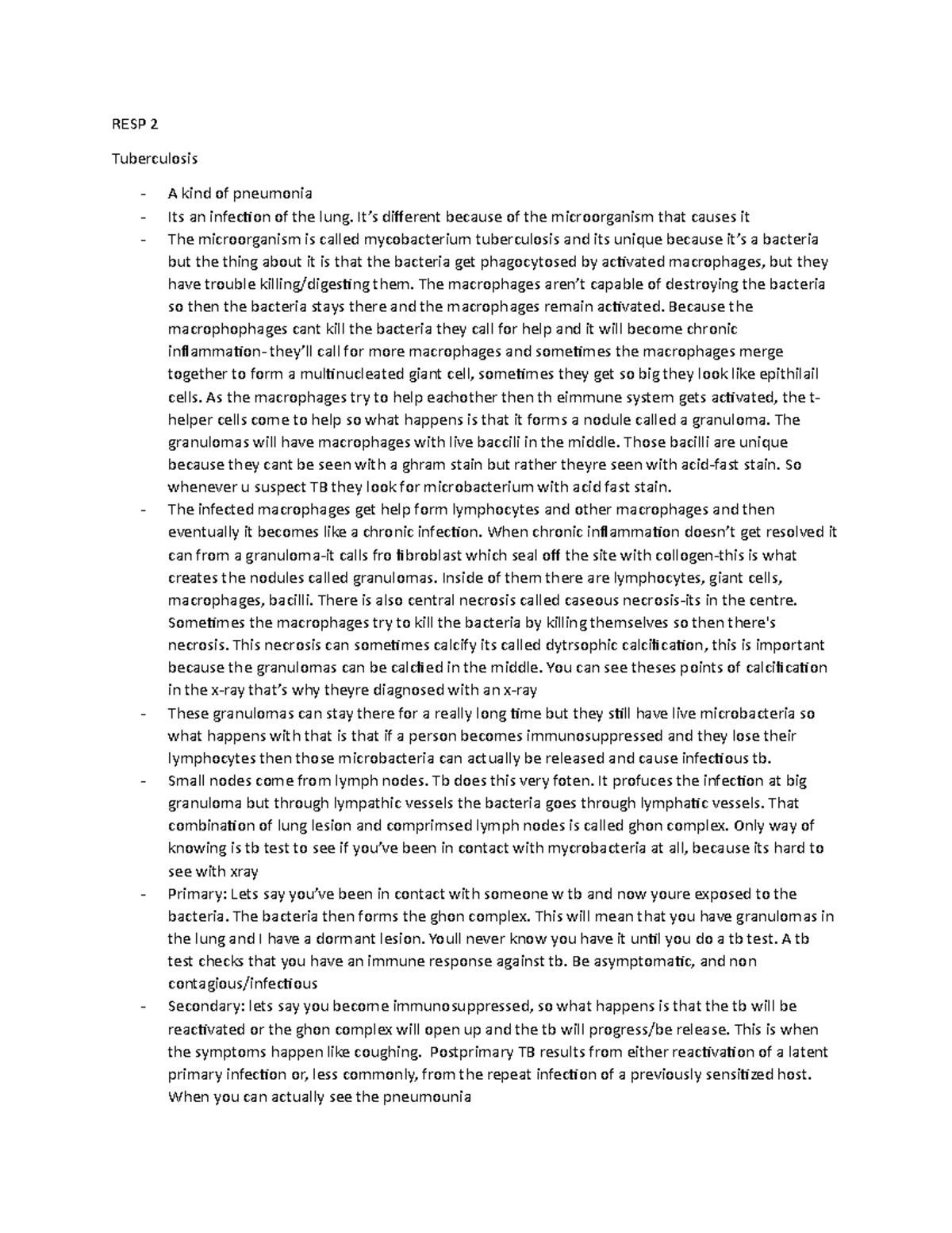 Respiratory 2 part 2 - notes - RESP 2 Tuberculosis A kind of pneumonia ...