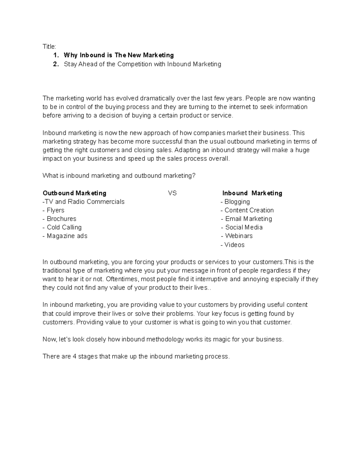 Notes Inbound Marketing - Title: 1. Why Inbound is The New Marketing 2 ...