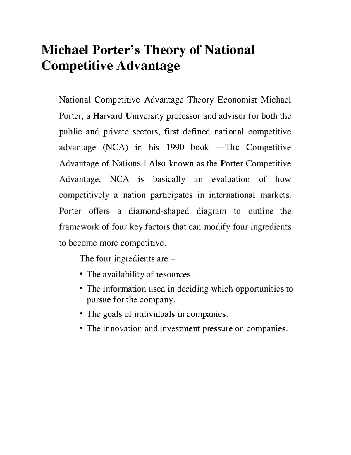 Michael Porter’s Theory of National Competitive Advantage - Michael ...