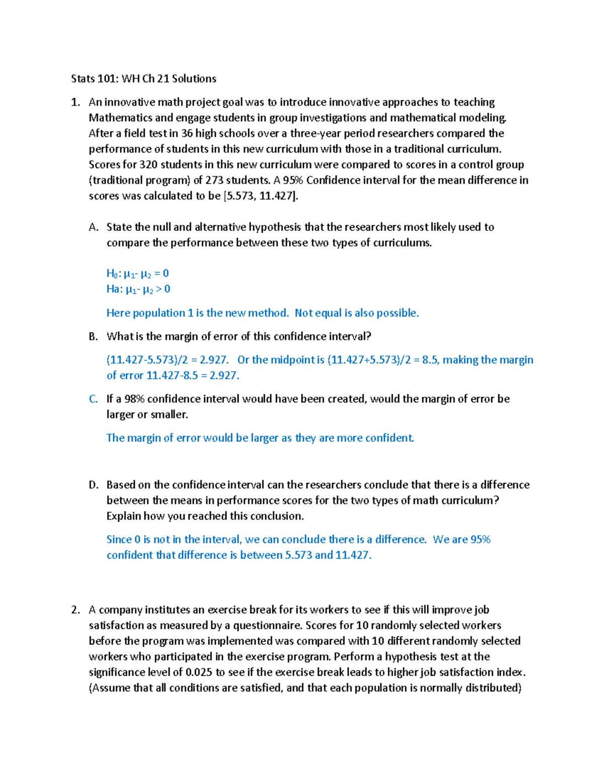 Stats 101 WH CH 21 Solution - Stats 101: WH Ch 21 Solutions An ...
