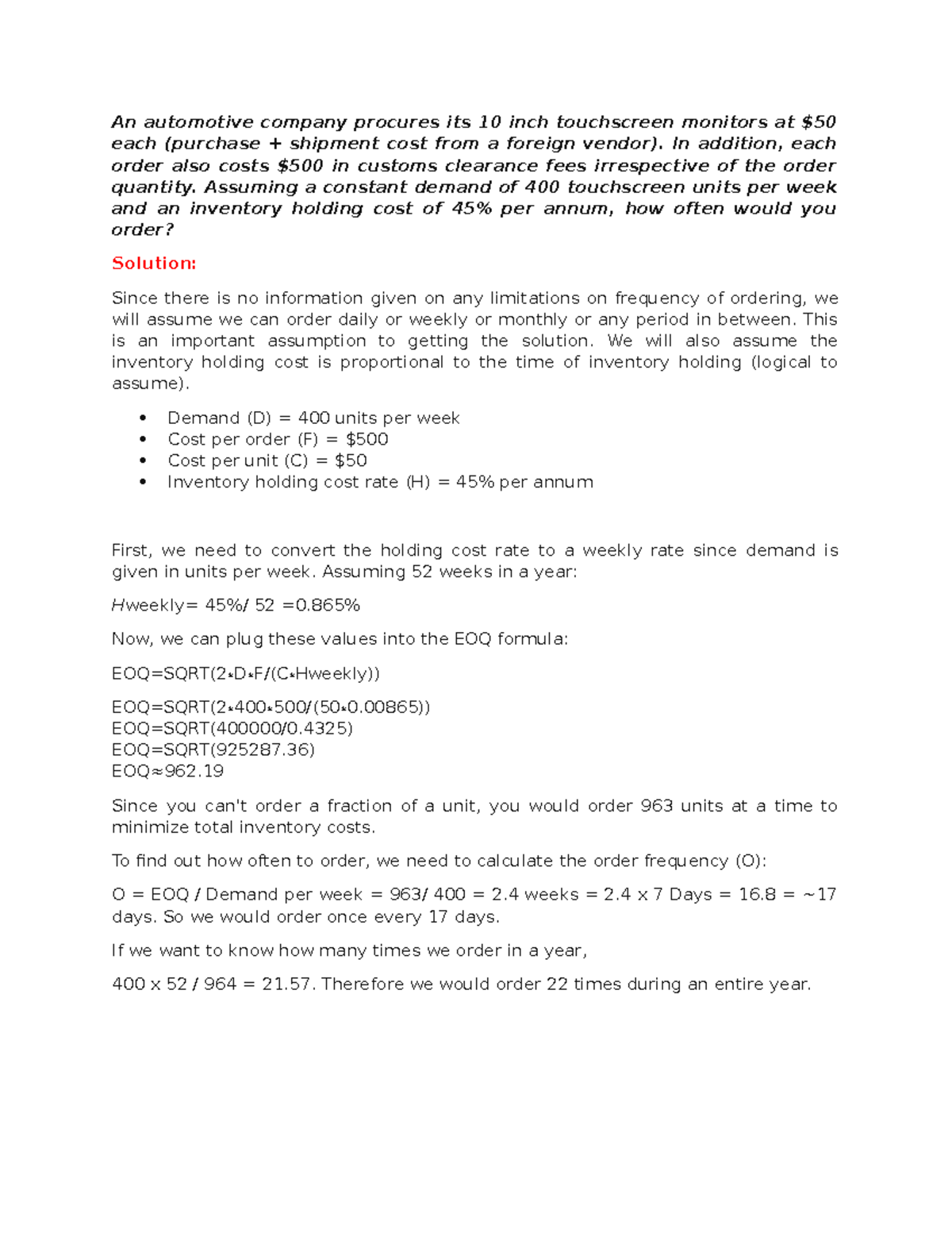 EOQ question solution - Auto company touchscreen monitors - An ...