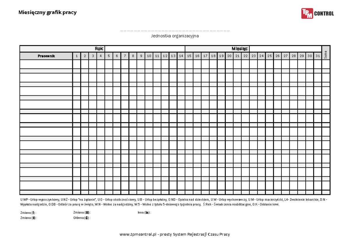Grafik-Pracy-miesieczny TPM-Control - Miesięczny grafik pracy Pracownik 1 2 3 4 5 6 7 8 9 10 11 ...