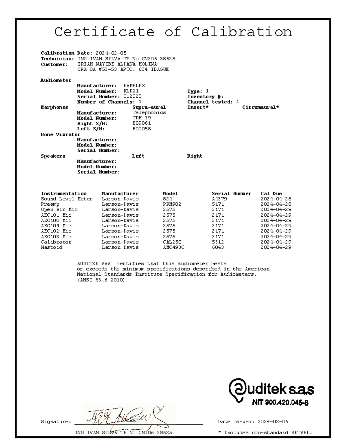 Calibracion Equipos Audiometria - Certificate of Calibration Audiometer ...