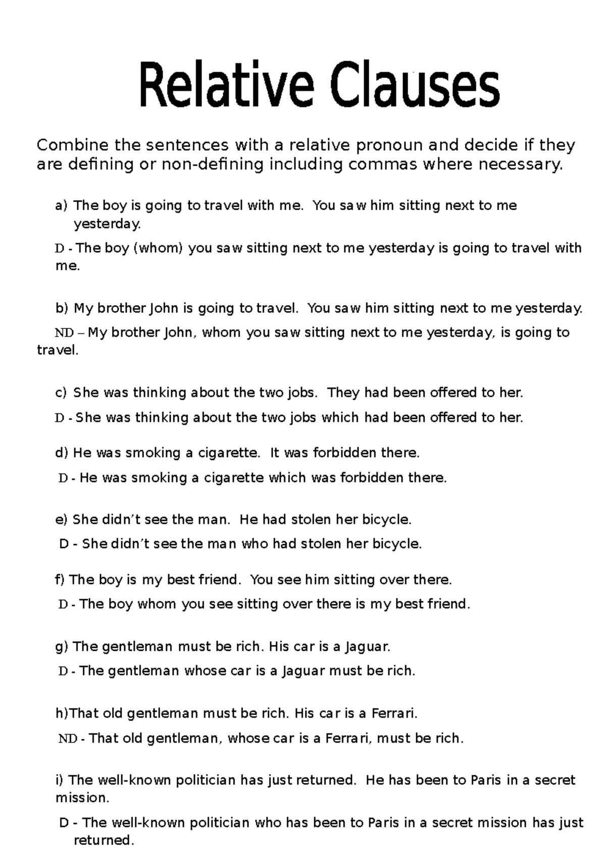 KEY defining-and-nondefining-relative-clauses Part II - Combine the ...