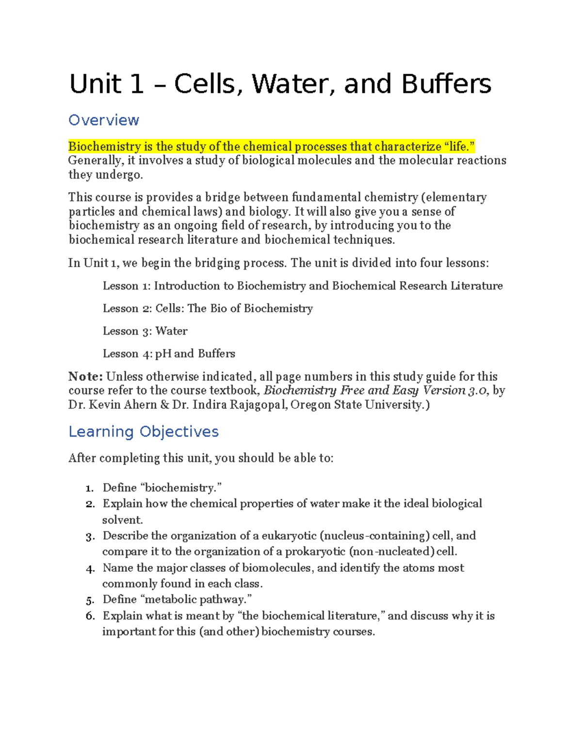 Unit 1 - Cells, Water, and Buffers - Unit 1 – Cells, Water, and Buffers ...