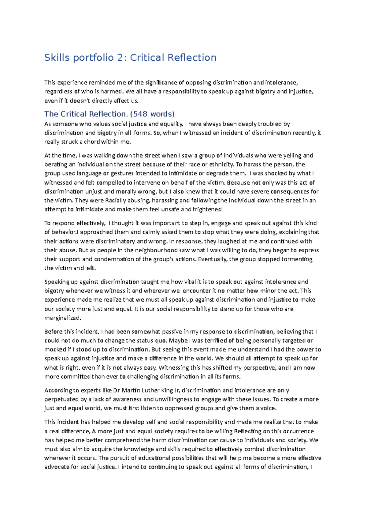 Critical Reflection 7 - Skills portfolio 2: Critical Reflection This ...