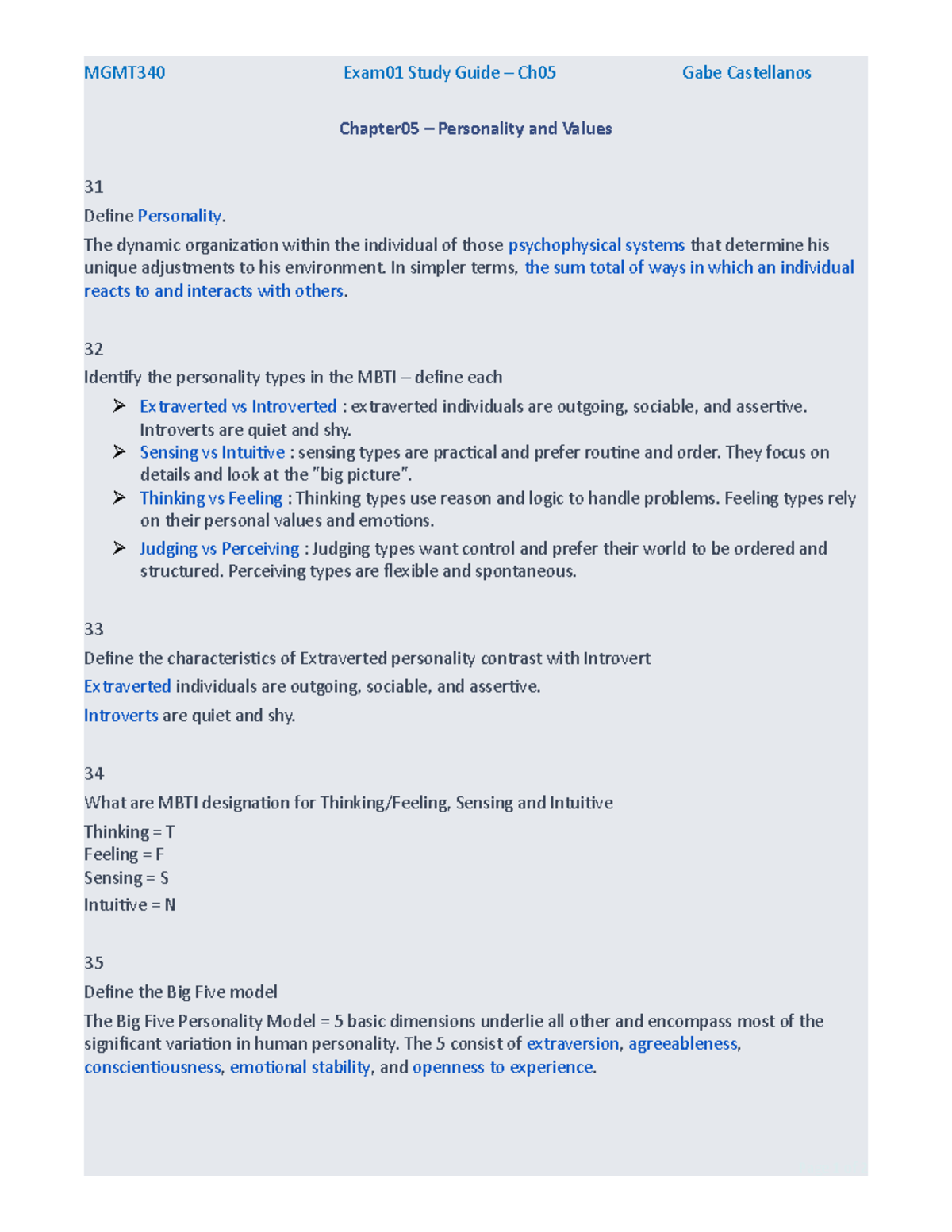 Exam01 Study Guide – Ch05 - MGMT340 Exam01 Study Guide – Ch05 Gabe ...