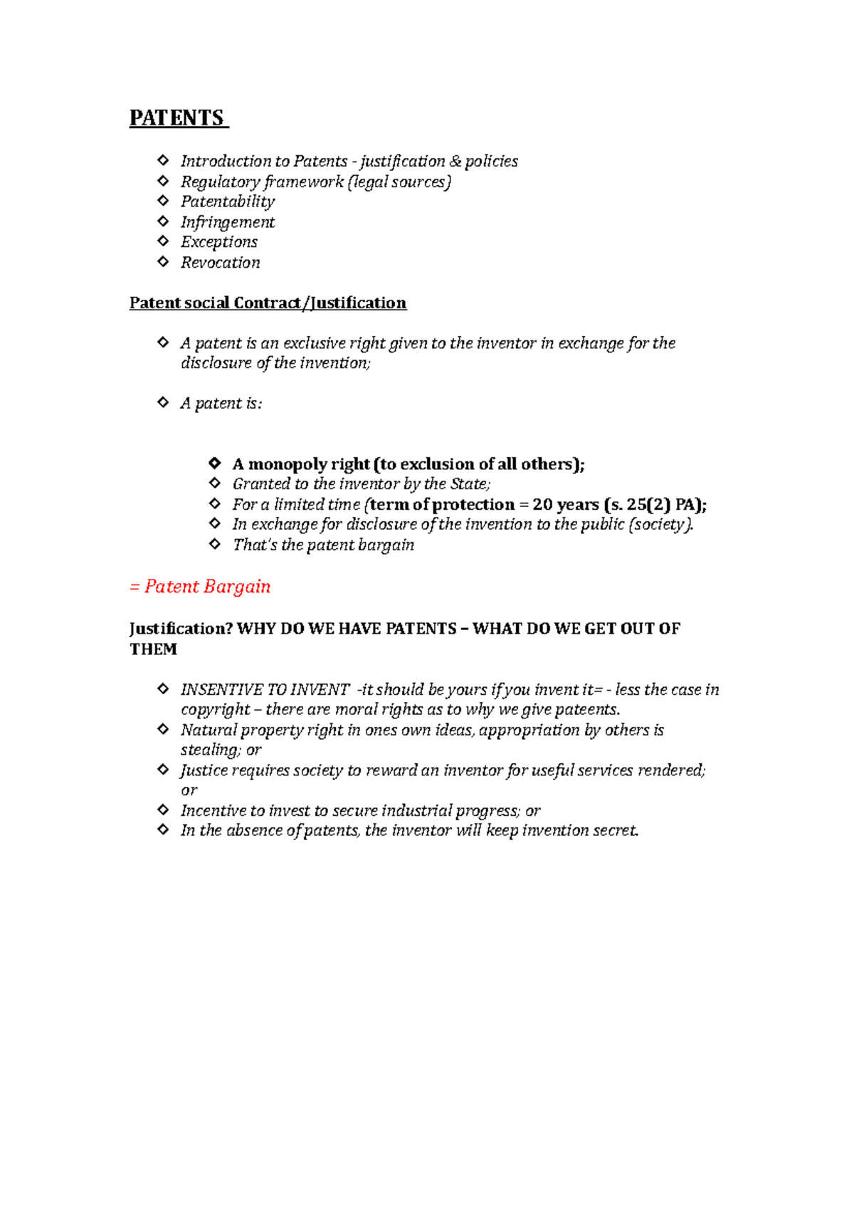 Patent - revision noted - PATENTS Introduction to Patents - justification & policies - Studocu