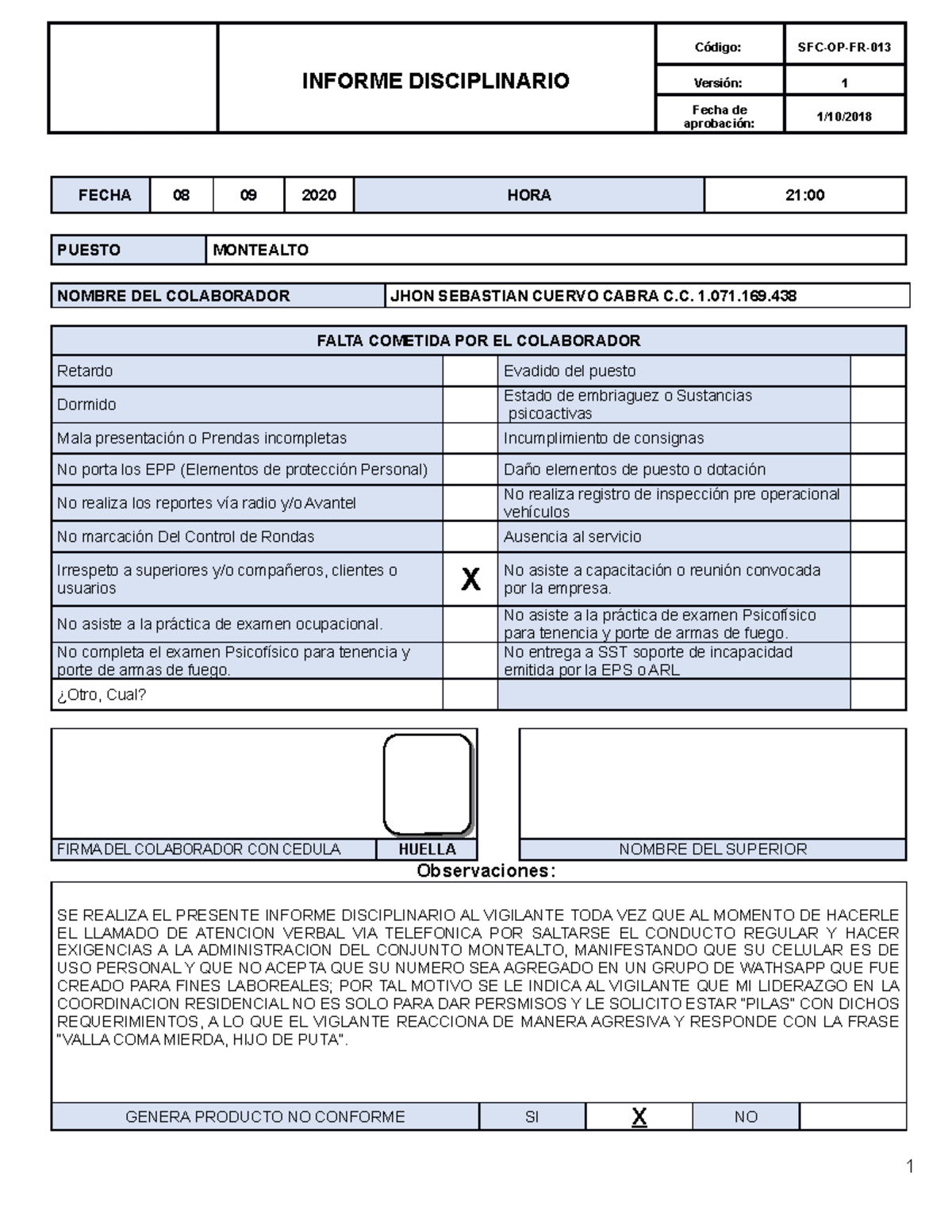 1. SFC-OP-FR-013 Informe Disciplinario - INFORME DISCIPLINARIO Código ...