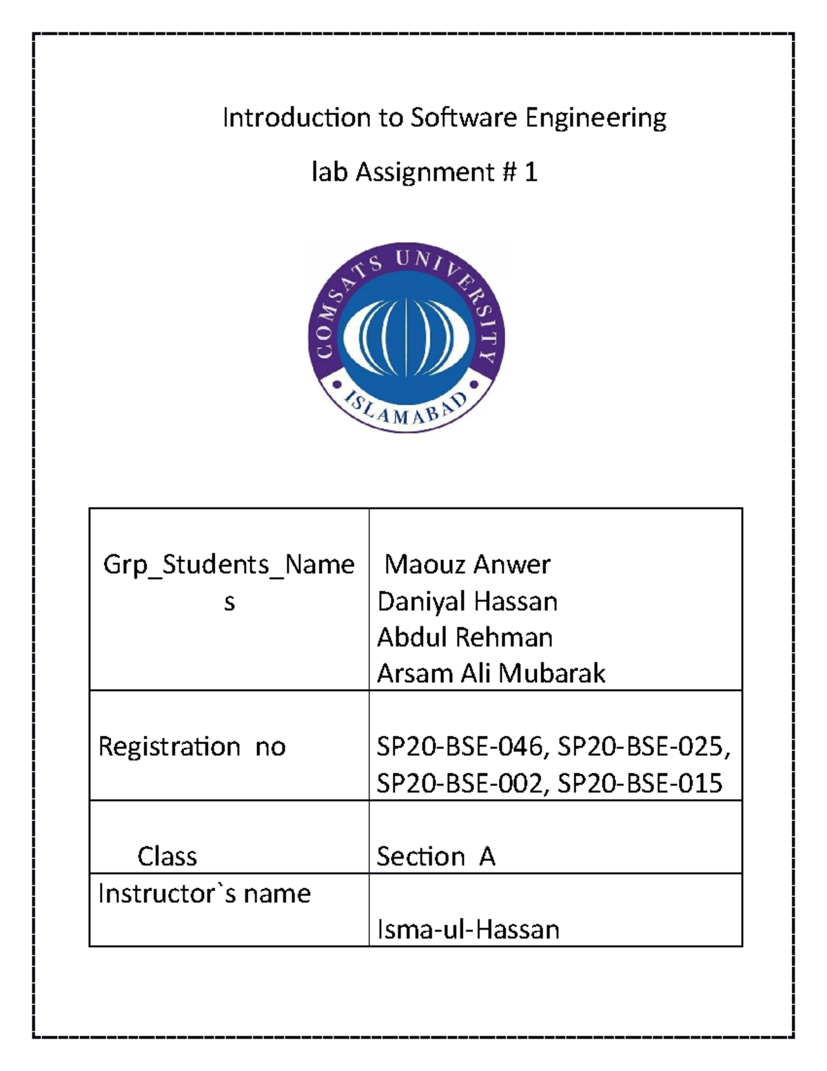 Software Engineering Lab Assignment 1 Introduction To Software Engineering Lab Assignment 1